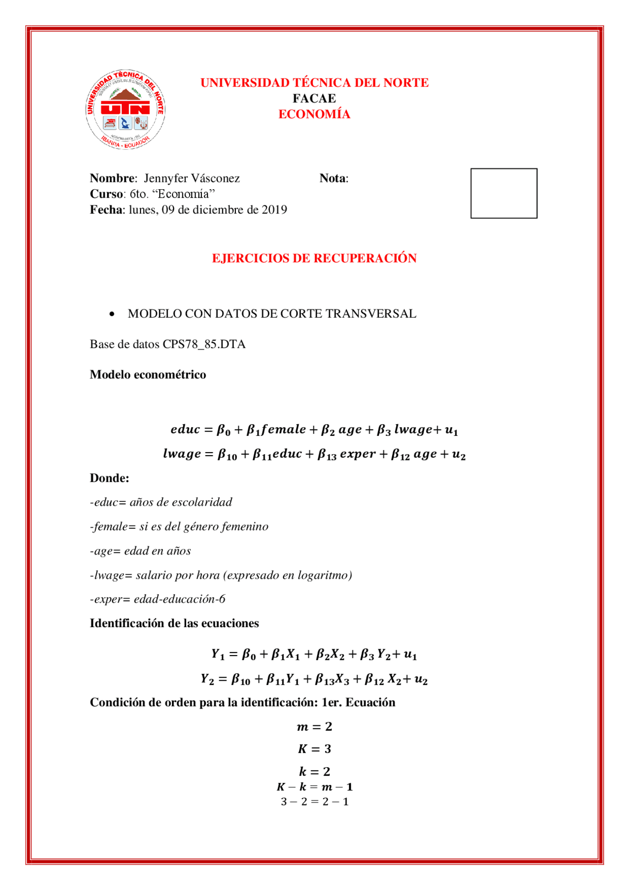 Ejercicios de econometría | Ejercicios de Econometría | Docsity