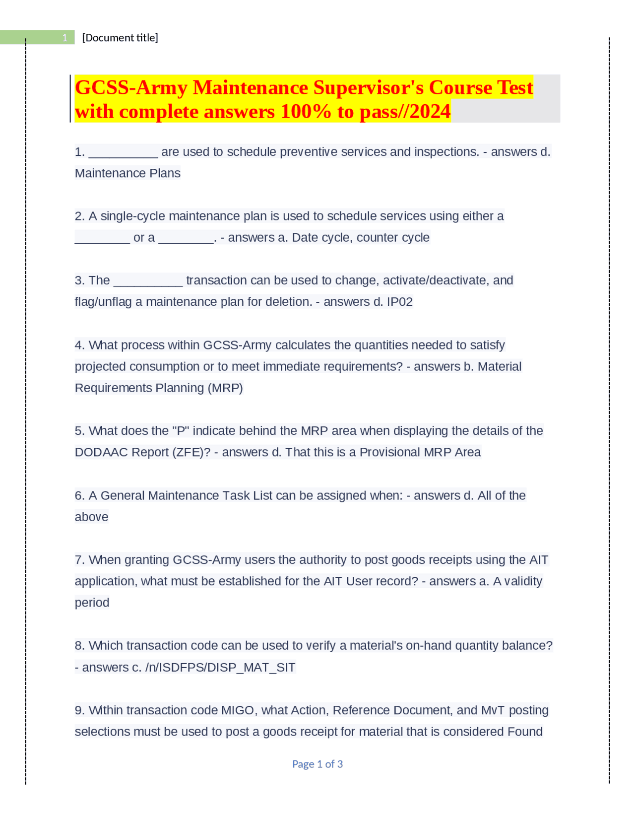 GCSS-Army Maintenance Supervisor's Course Test with complete answers ...