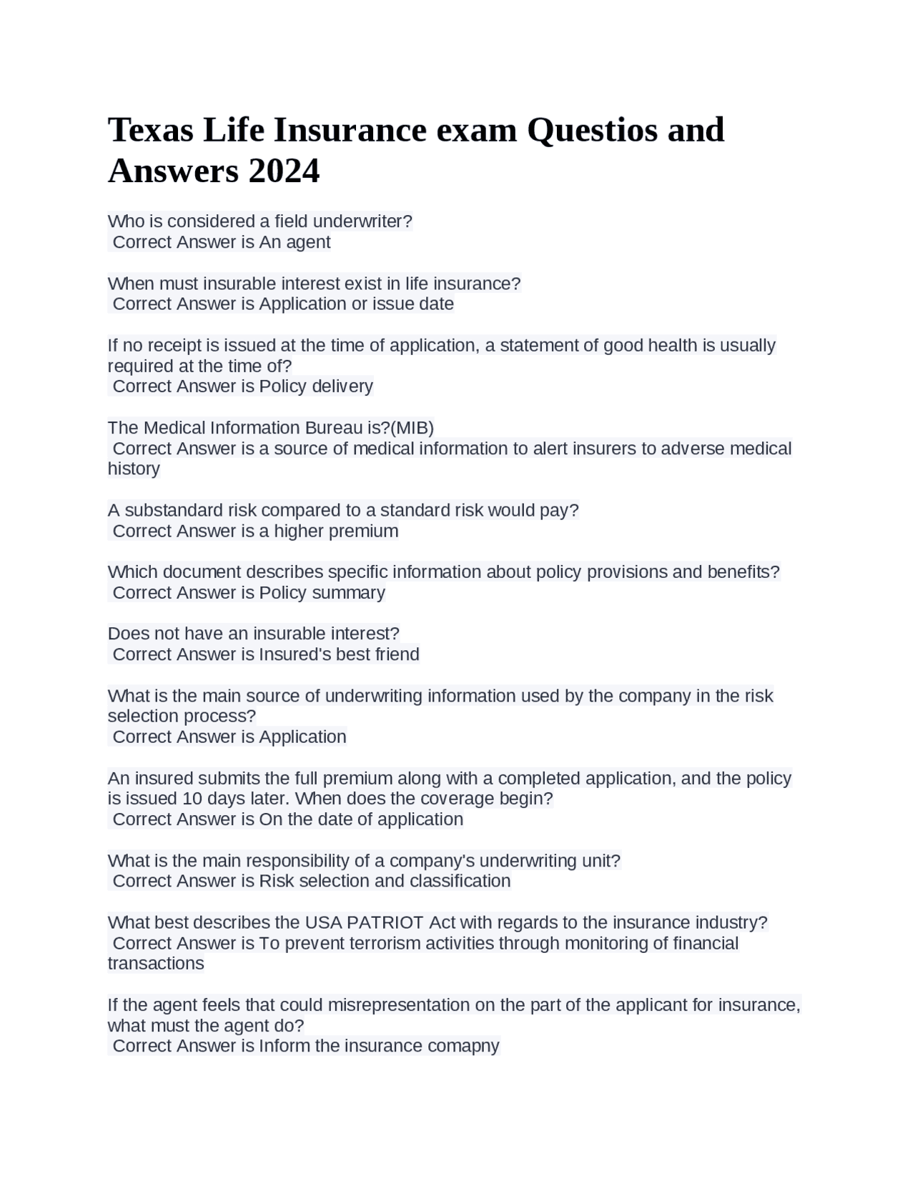 Texas Life Insurance exam Questions and Answers 2024 | Exams Nursing ...