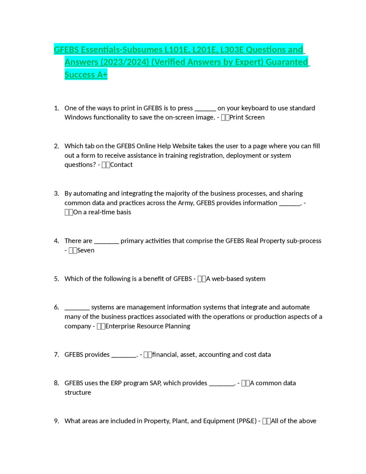 GFEBS Essentials-Subsumes L101E, L201E, L303E Questions and Answers ...