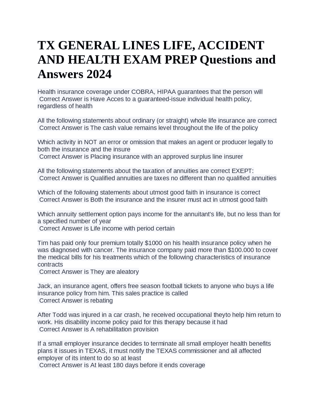 TX GENERAL LINES LIFE, ACCIDENT AND HEALTH EXAM PREP Questions and ...