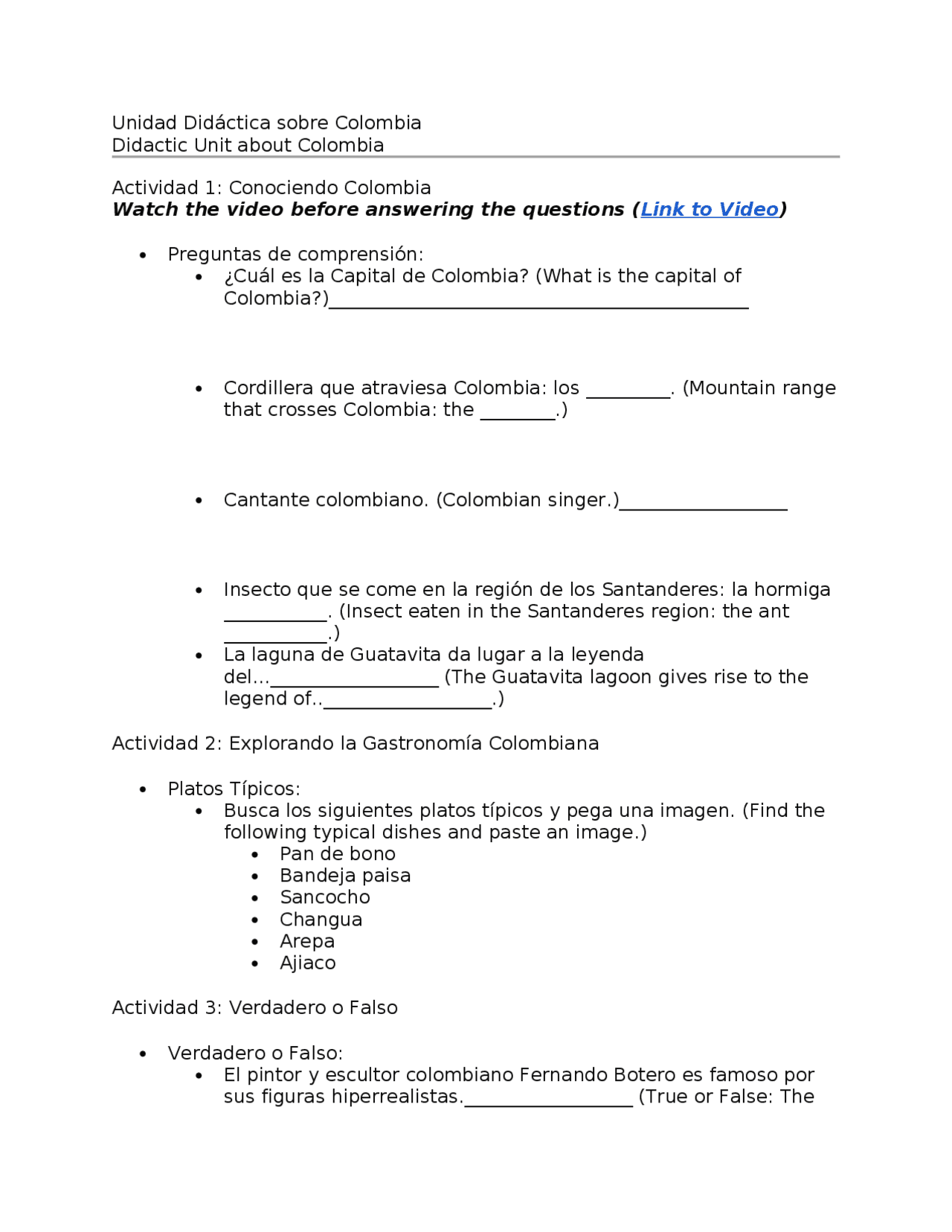 Spanish Colombia worksheet | Assignments Spanish | Docsity