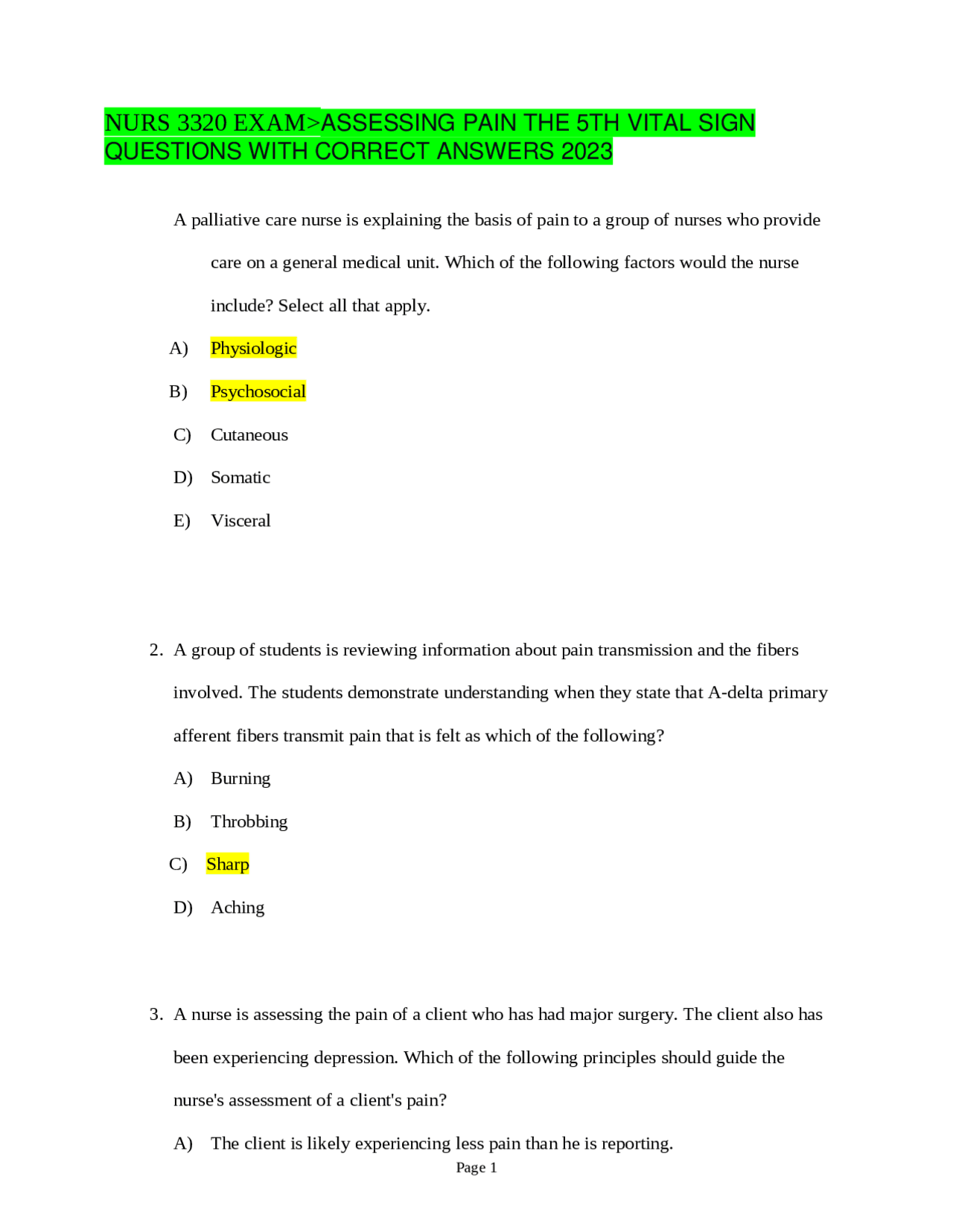 Nursing Assessment of Pain: Exam Questions and Answers | Exams Nursing ...