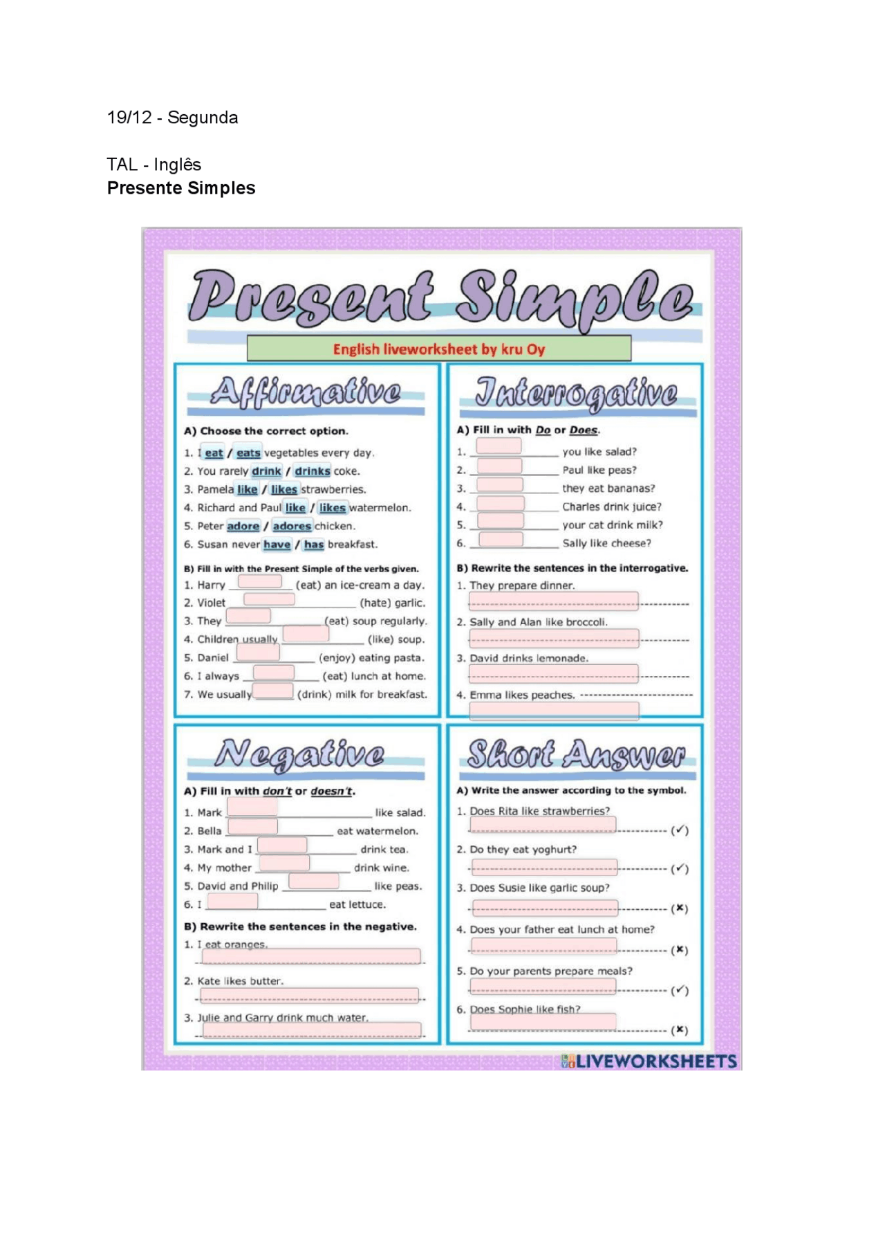 Atividade de Inglês Básico | Exercícios Inglês | Docsity