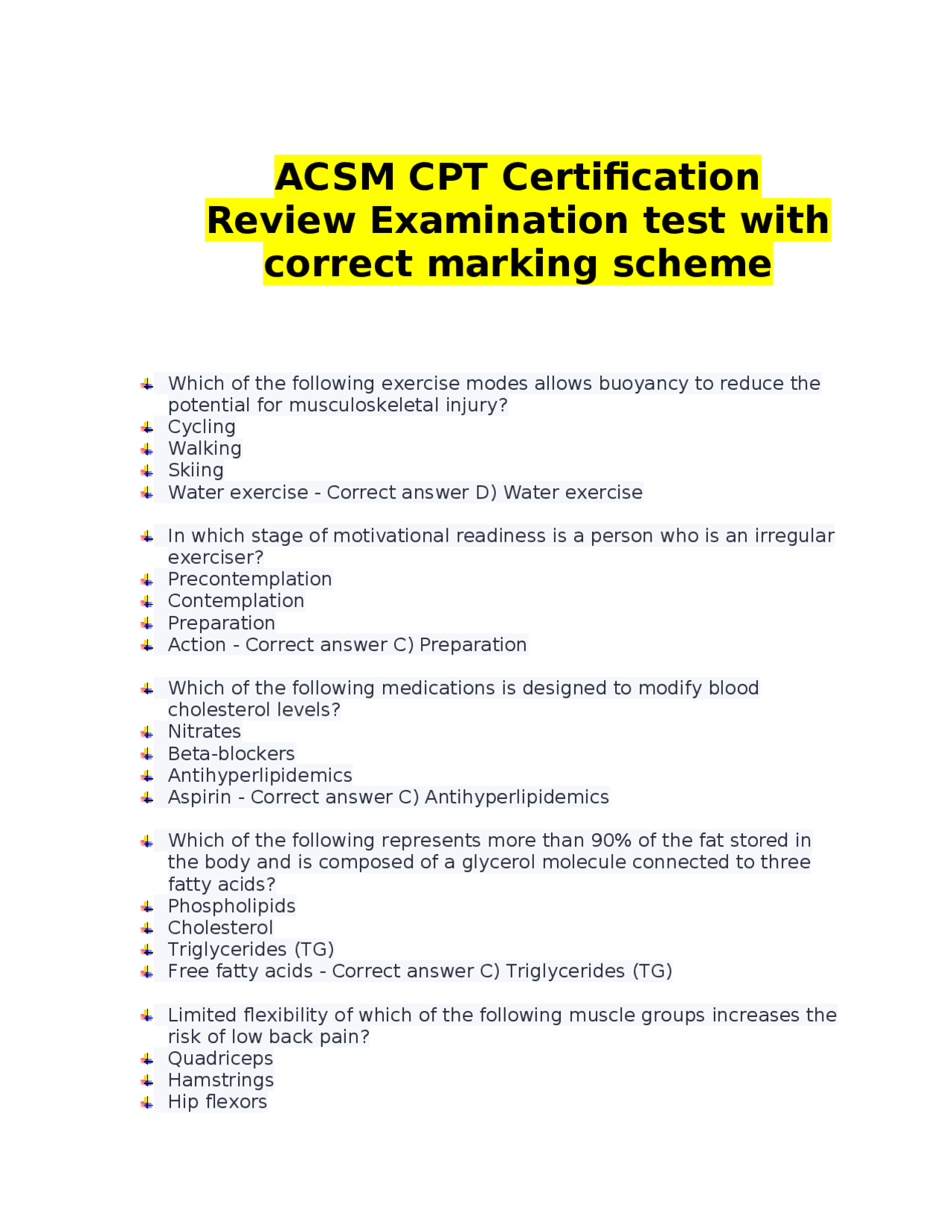 ACSM CPT Certification Review Examination test with correct marking ...