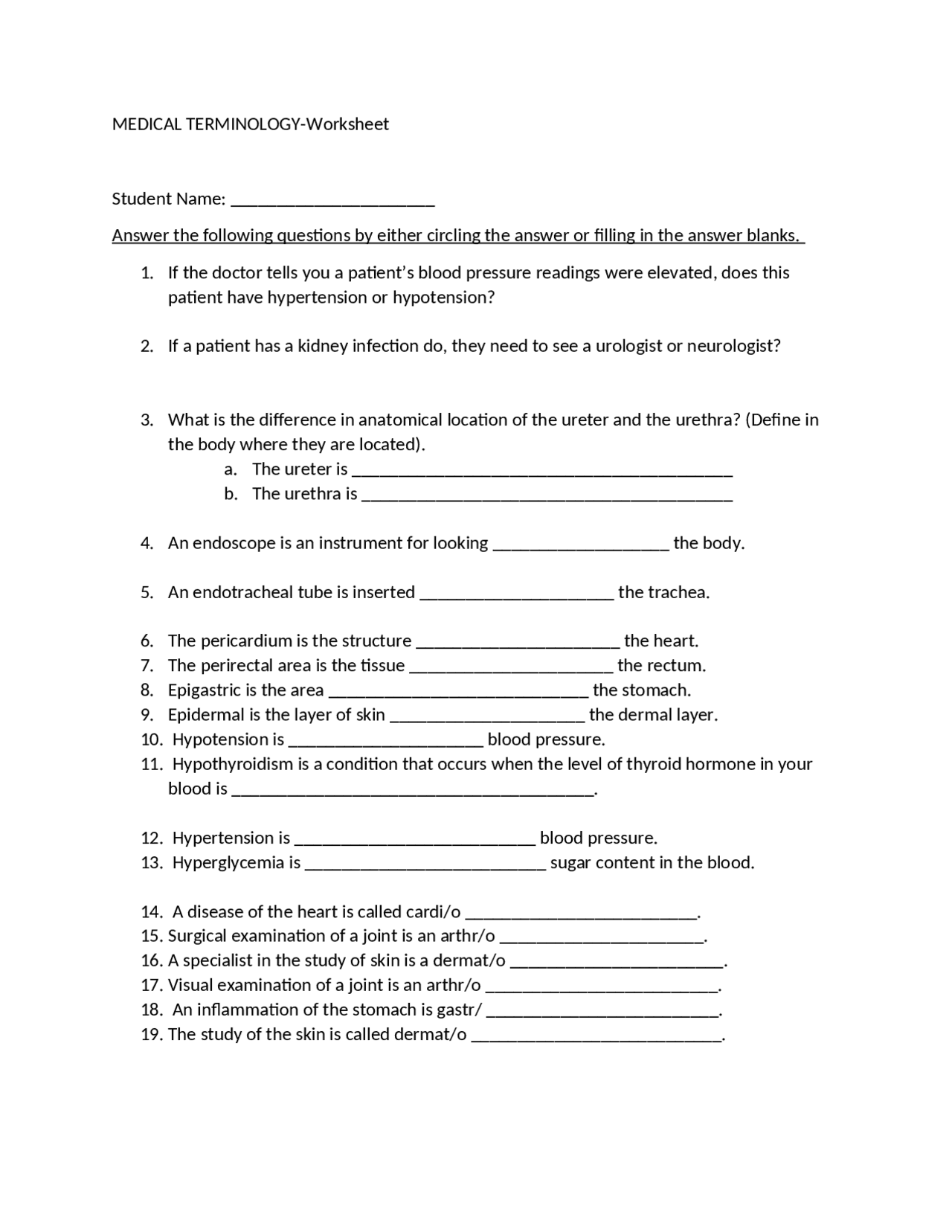 Medical Terminology Worksheet | Summaries Anatomy | Docsity