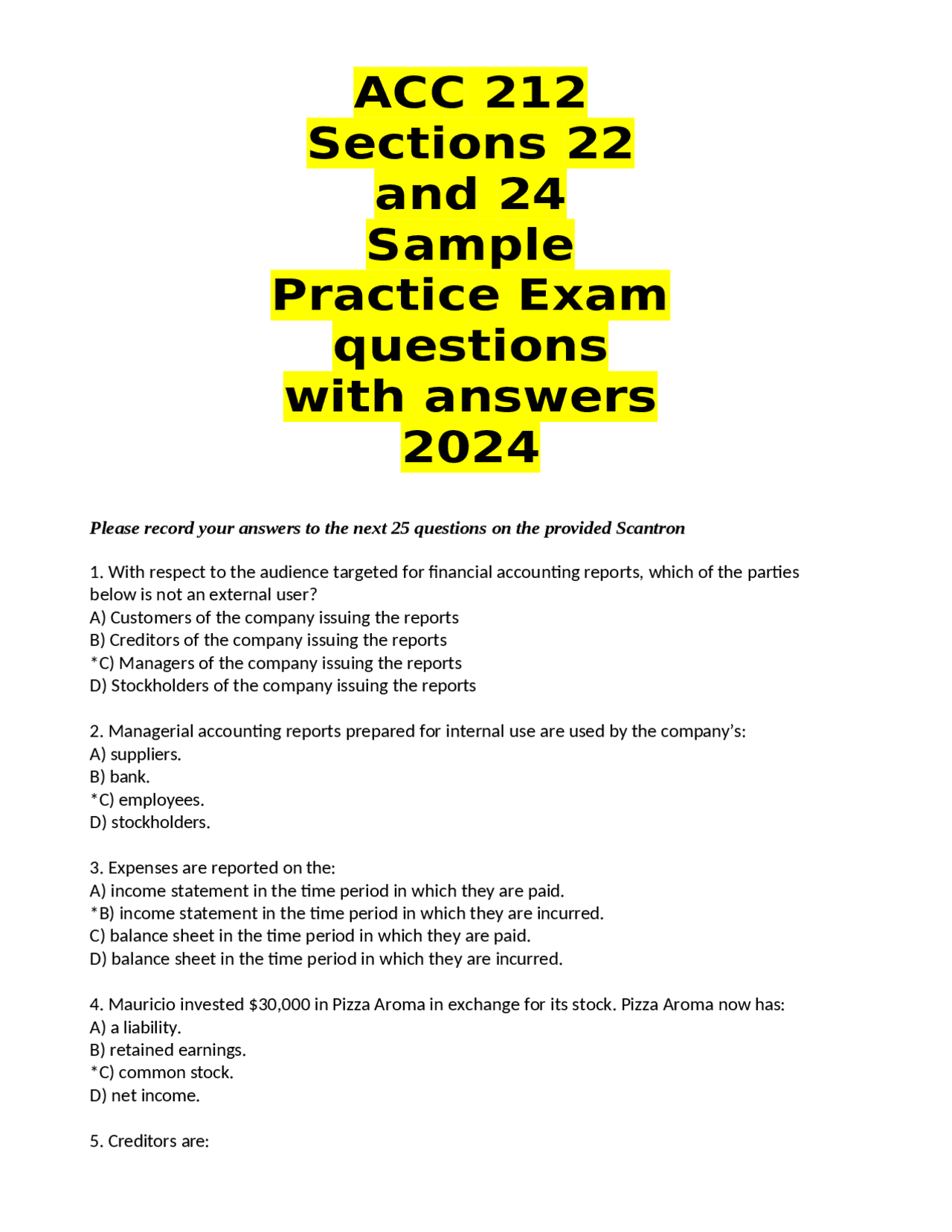 ACC 212 Sample Practice Exam: Financial Accounting Questions with ...