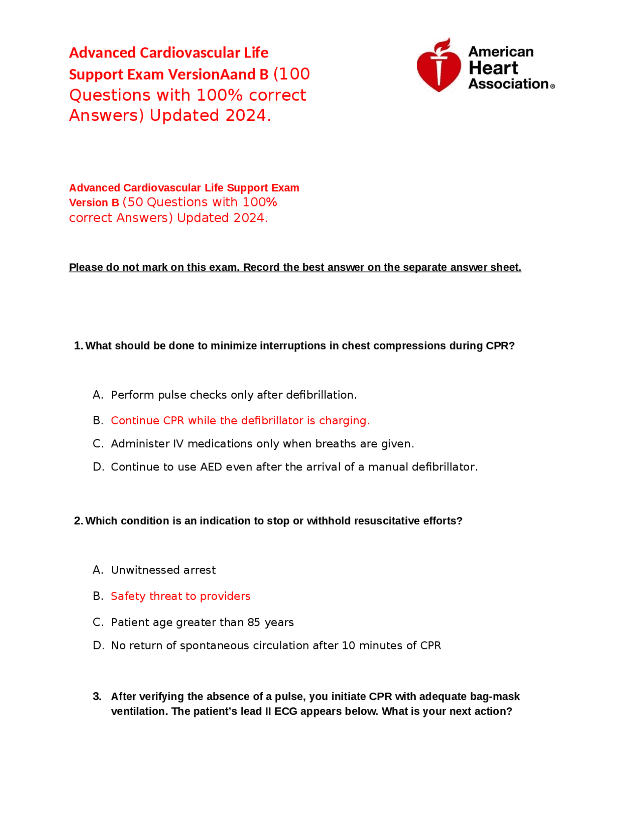ACLS EXAM VERSION B QUESTIONS AND ANSWERS 2024/25 LATEST 100%CORRECT ...
