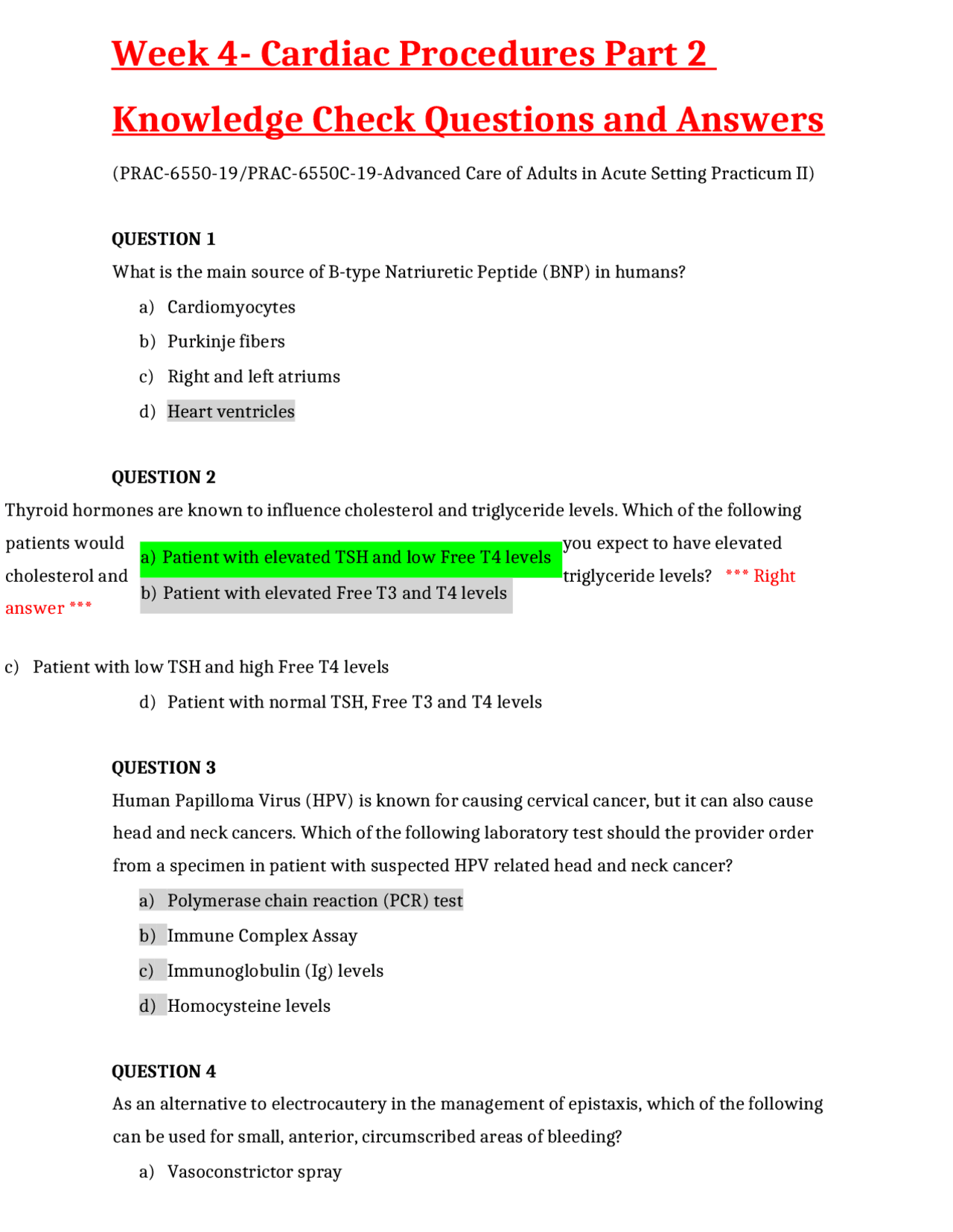 Week 4- Cardiac Procedures Part 2 Knowledge Check Questions and Answers ...