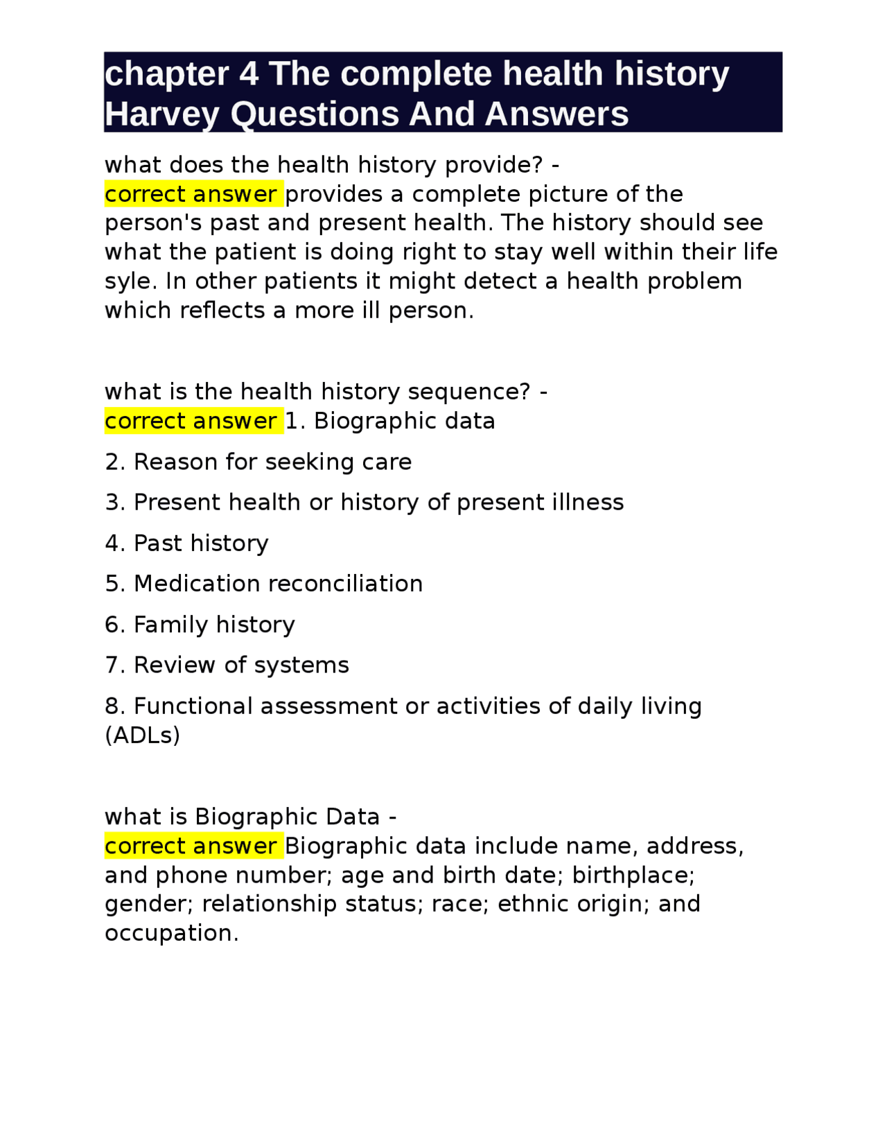 Understanding the Complete Health History: Harvey Questions and Answers ...