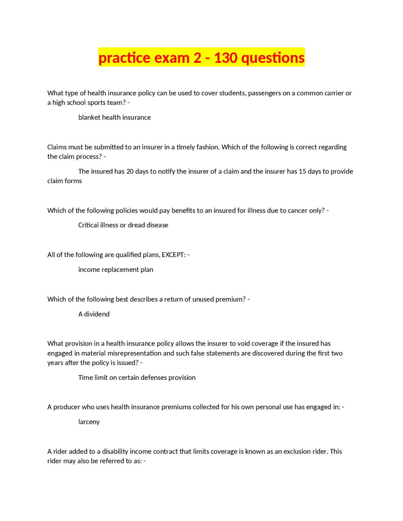 Insurance Exam Questions: Health Insurance Policies, Premiums, and ...