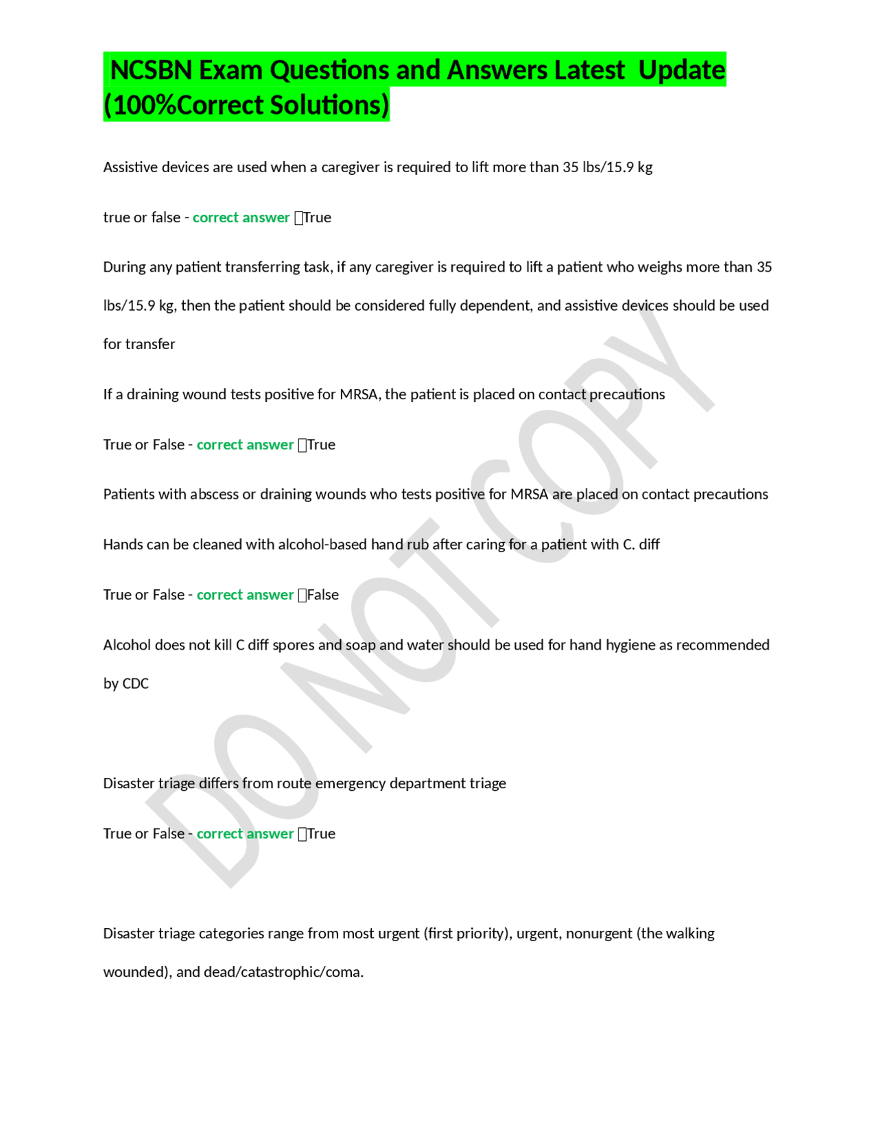 NCSBN Exam Questions and Answers: Nursing Procedures and Medications | Exams Health sciences ...