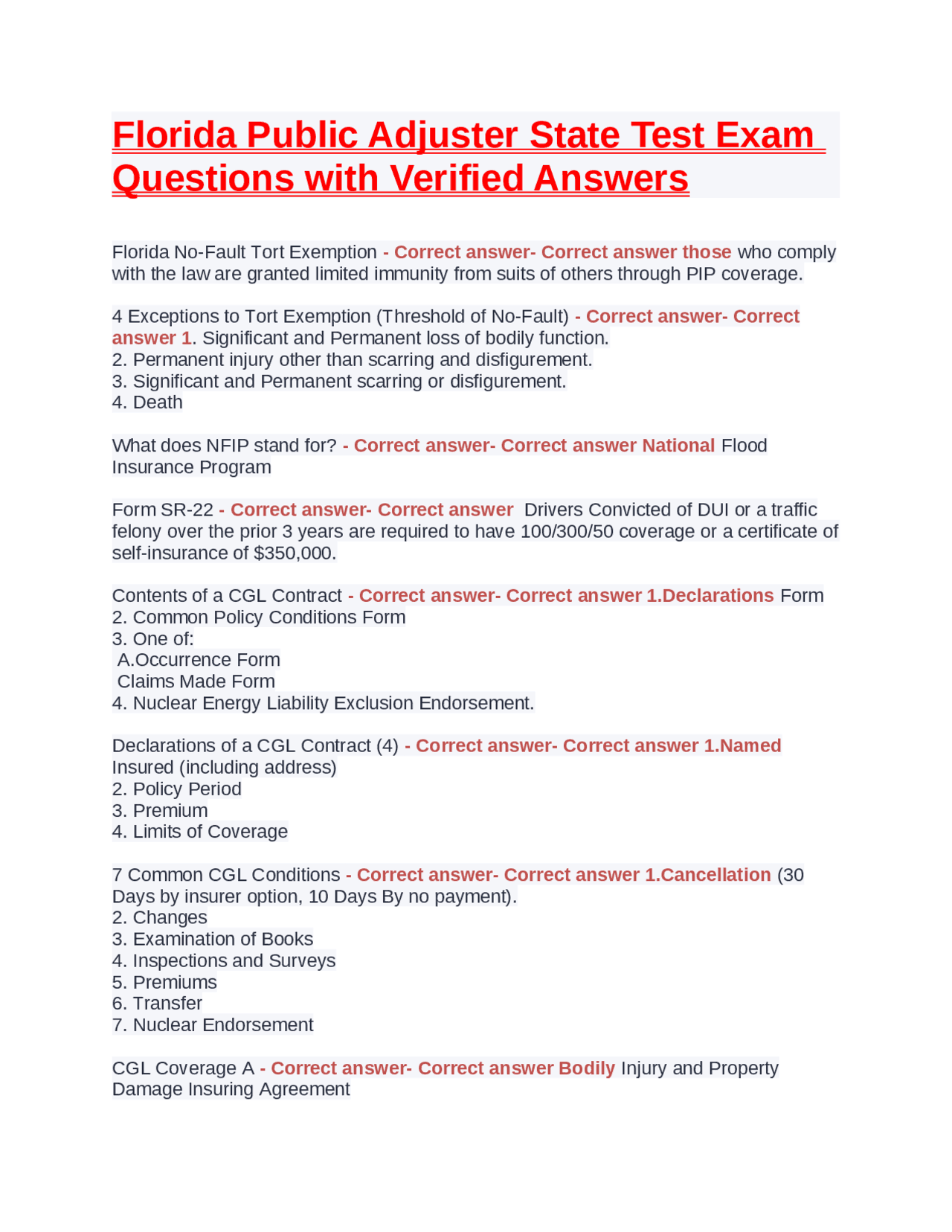 Florida Insurance Exam Questions and Answers: Property and Casualty ...