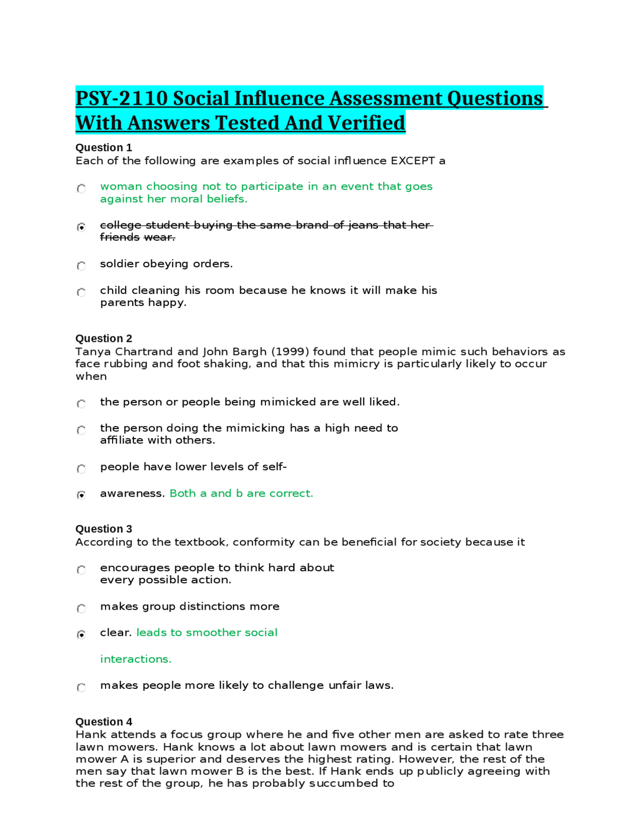 Assessment Questions on Social Influence in Psychology with Answers ...