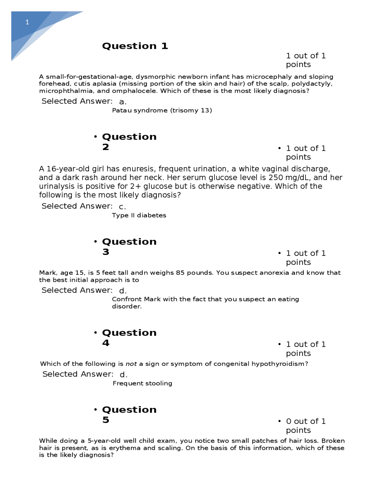 Pediatric Health Case Responses | Exercises Nursing | Docsity
