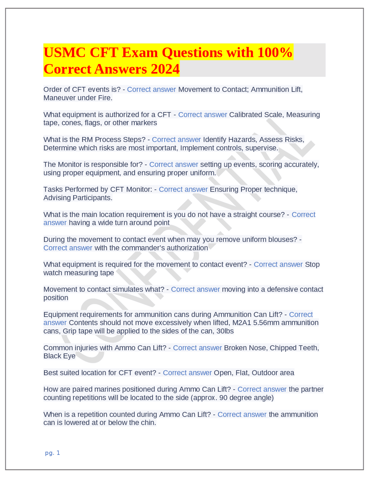 USMC CFT Exam Questions and Answers for 2024 | Exams Nursing | Docsity