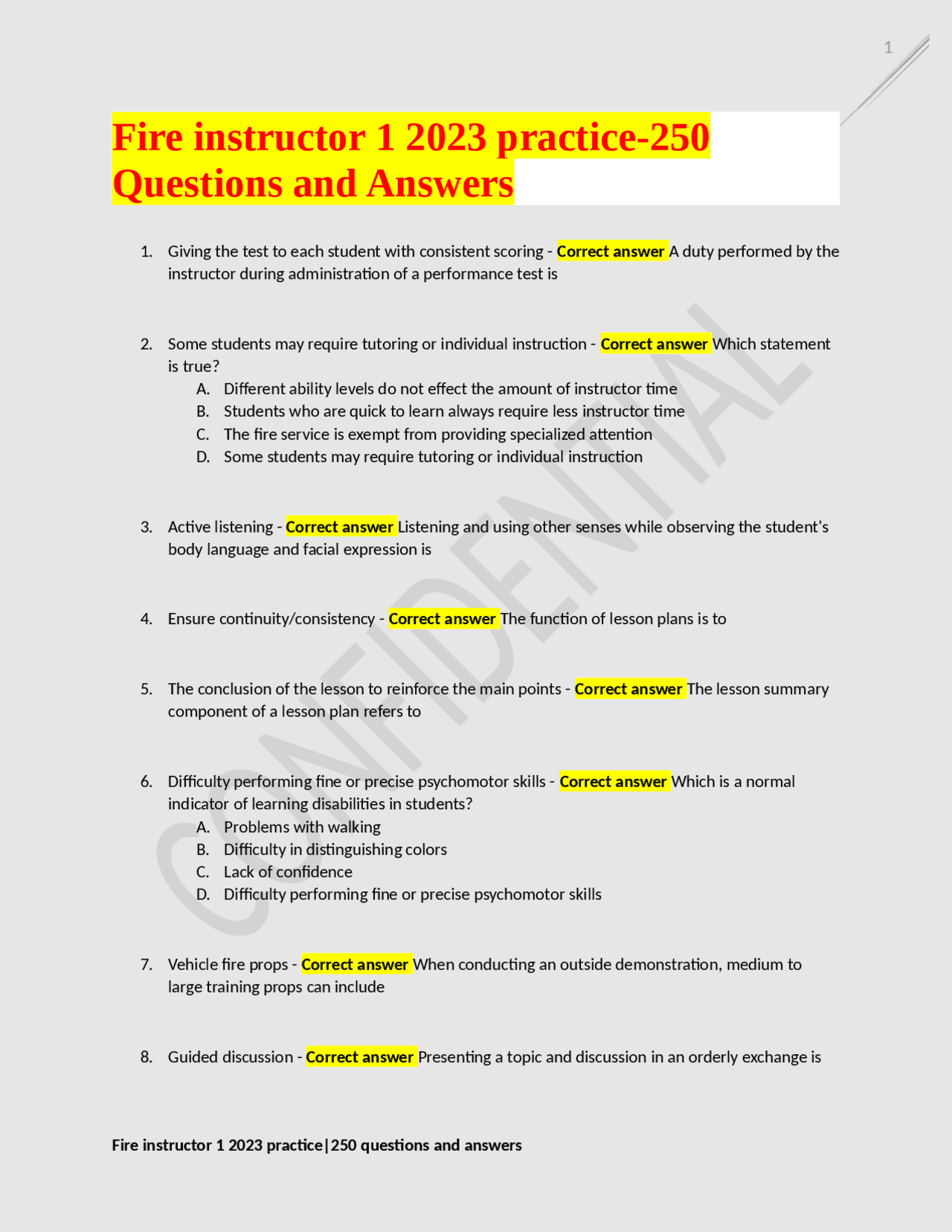 Fire instructor 1 2023 practice-250 Questions and Answers | Exams ...