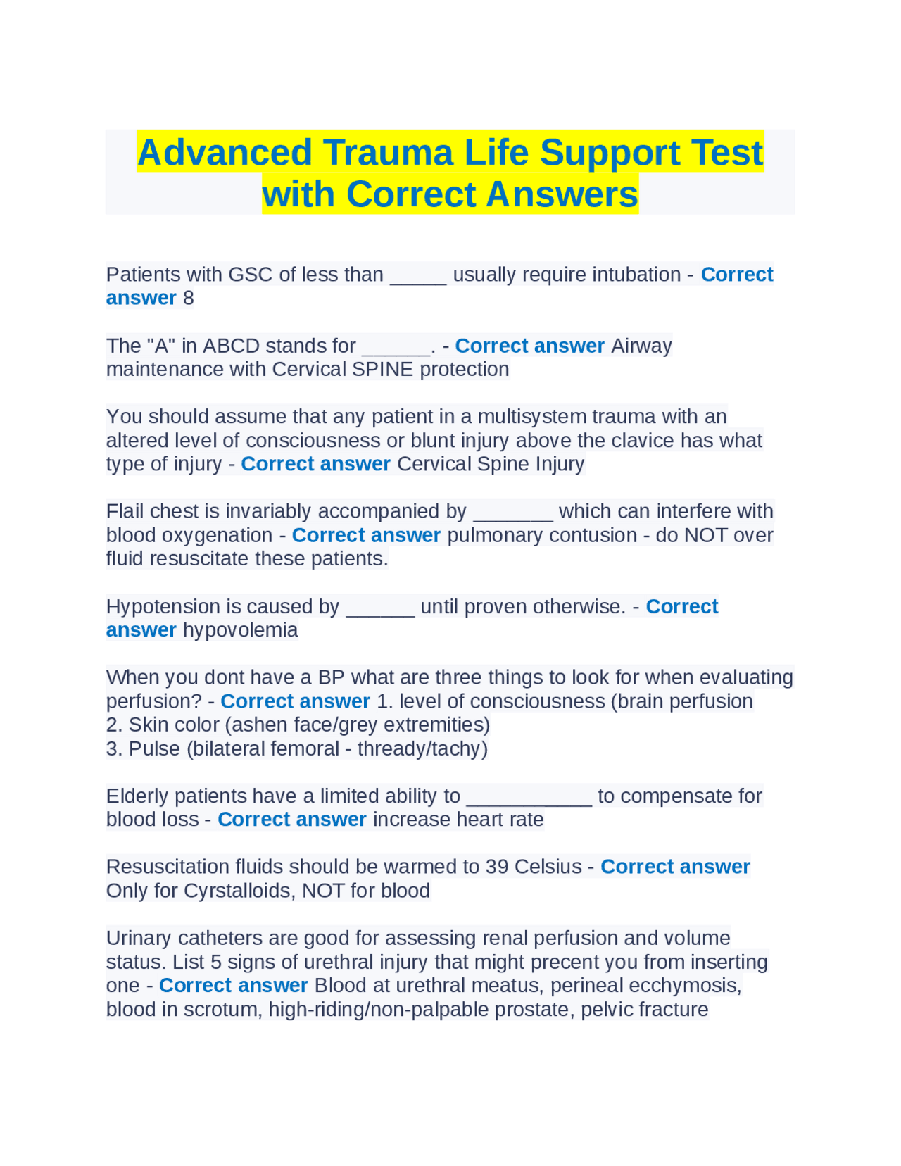 Advanced Trauma Life Support Test with Correct Answers | Exams Nursing ...