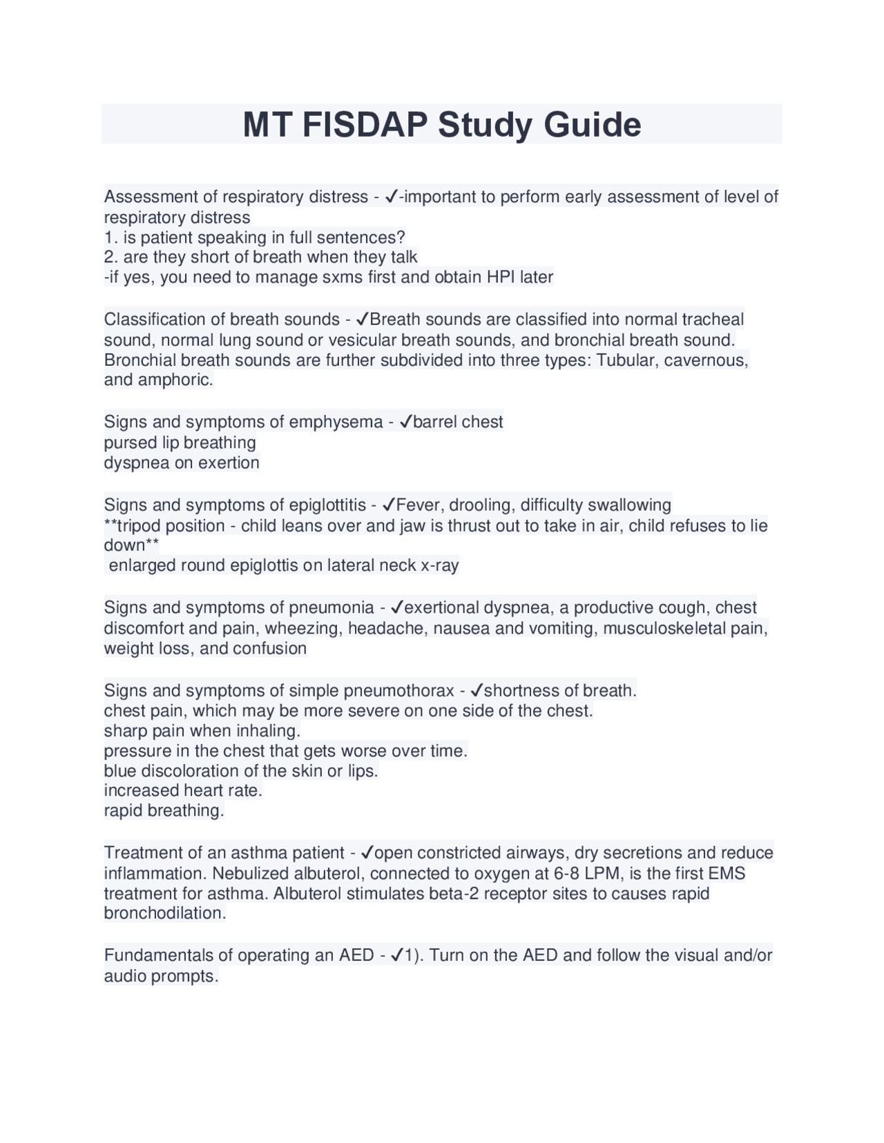 MT FISDAP Study Guide: Recognizing and Managing Various Health Conditions and Emergencies ...