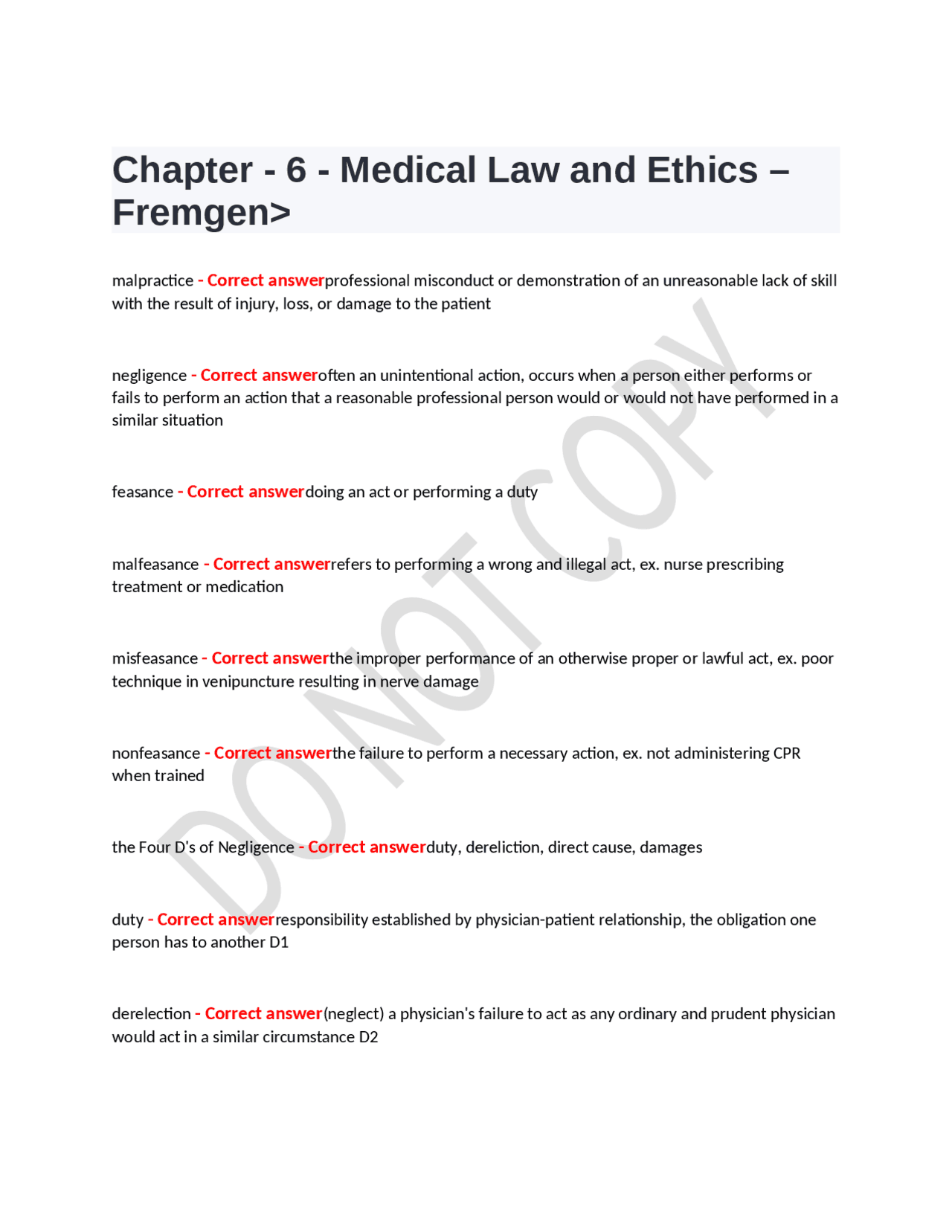 Chapter - 6 - Medical Law and Ethics – Fremgen. | Exams Nursing | Docsity