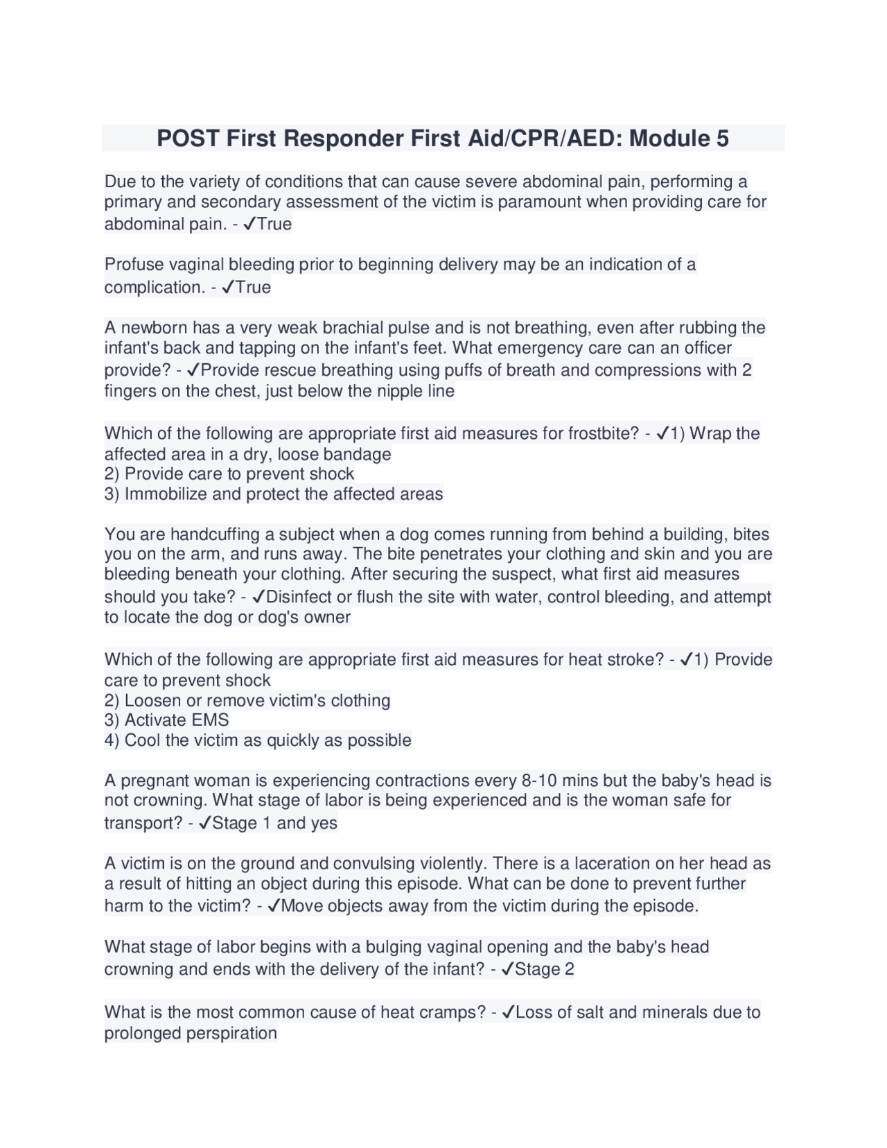 POST First Responder First Aid CPR AED Module 5 2024/2025 | Exams ...