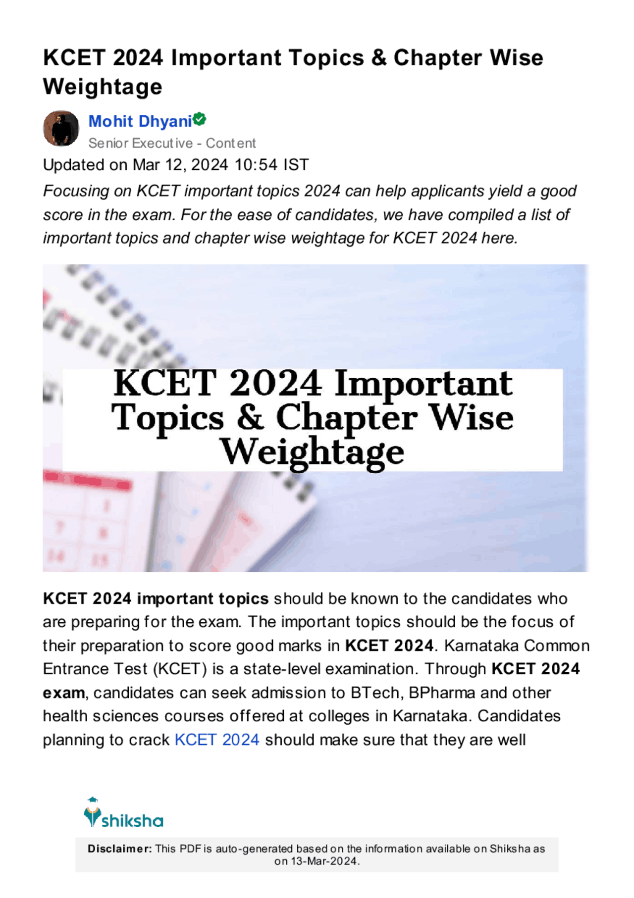 KCET 2024 Important Topics & Weightage | Exams Physics | Docsity