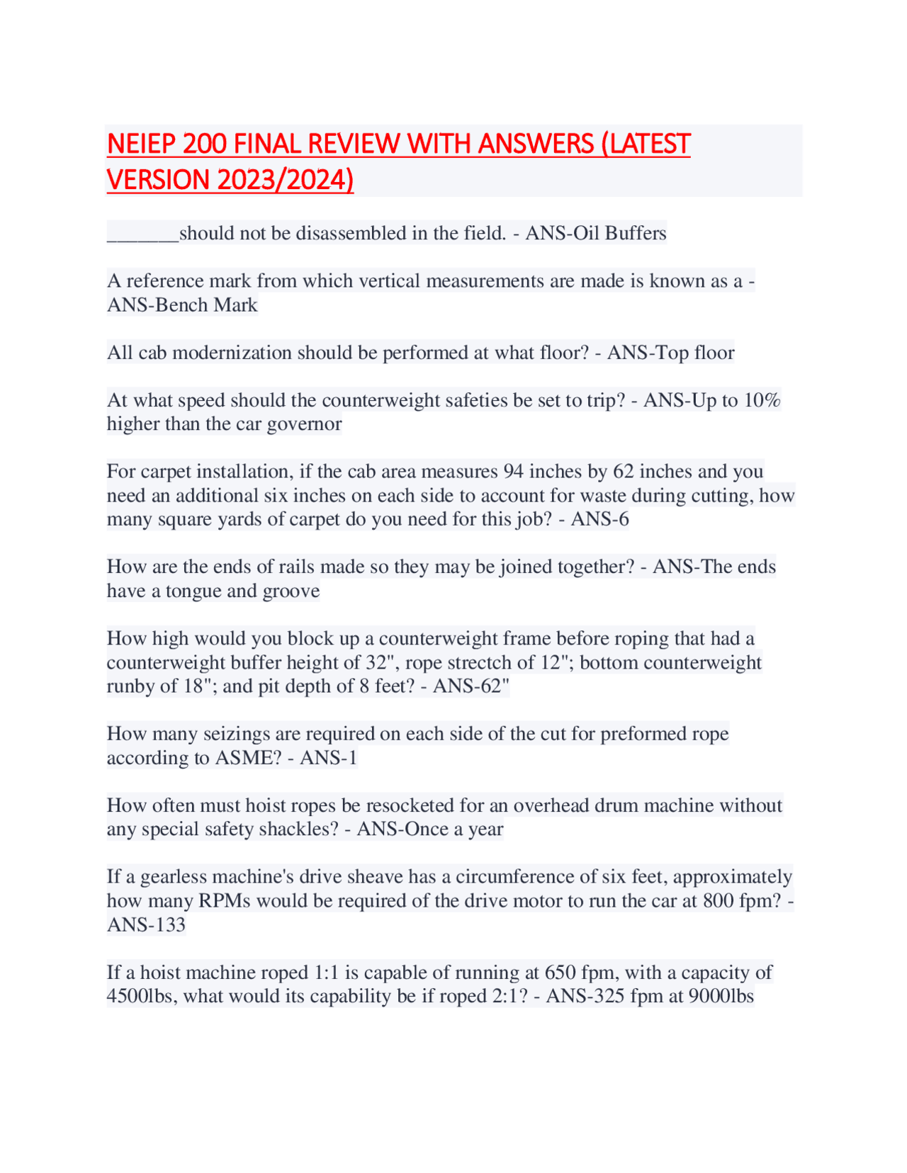 NEIEP 200 Final Review Answers for Elevator Technologies (2023/2024 ...