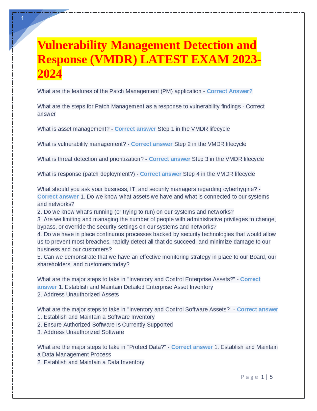 2023-2024 VMDR Exam: Asset & Patch Management for Vulnerabilities | Exams Nursing | Docsity