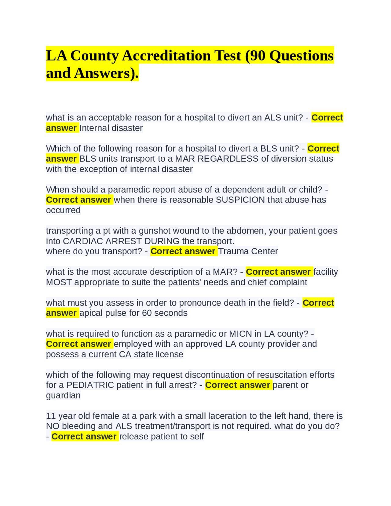 LA County Accreditation Test (90 Questions and Answers). | Exams ...