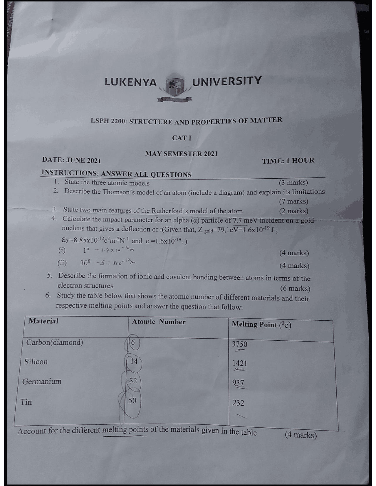 SPH :2200 STRUCTURE AND PROPERTIES OF MATTER EXAM PAPERS | Exams Physics | Docsity