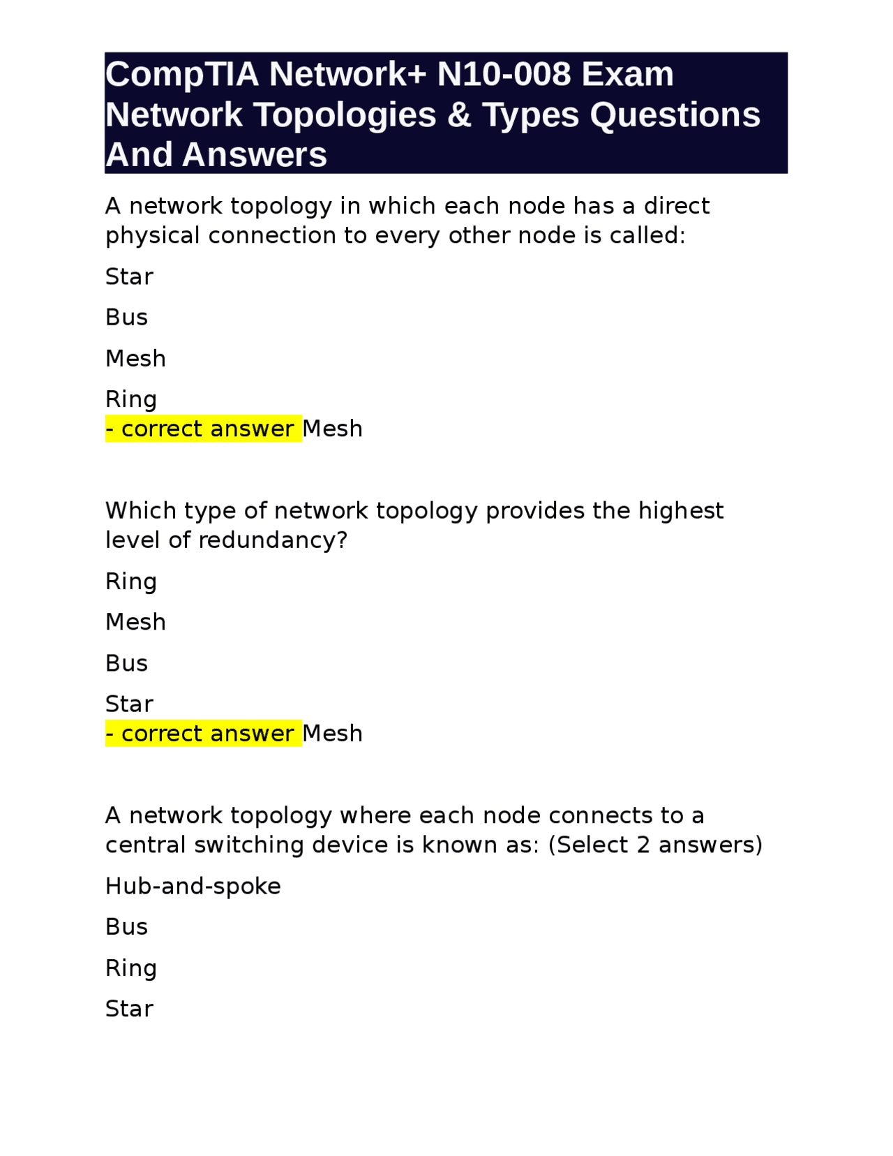 CompTIA Network+ N10-008 Exam Network Topologies & Types Questions And Answers | Exams Network ...