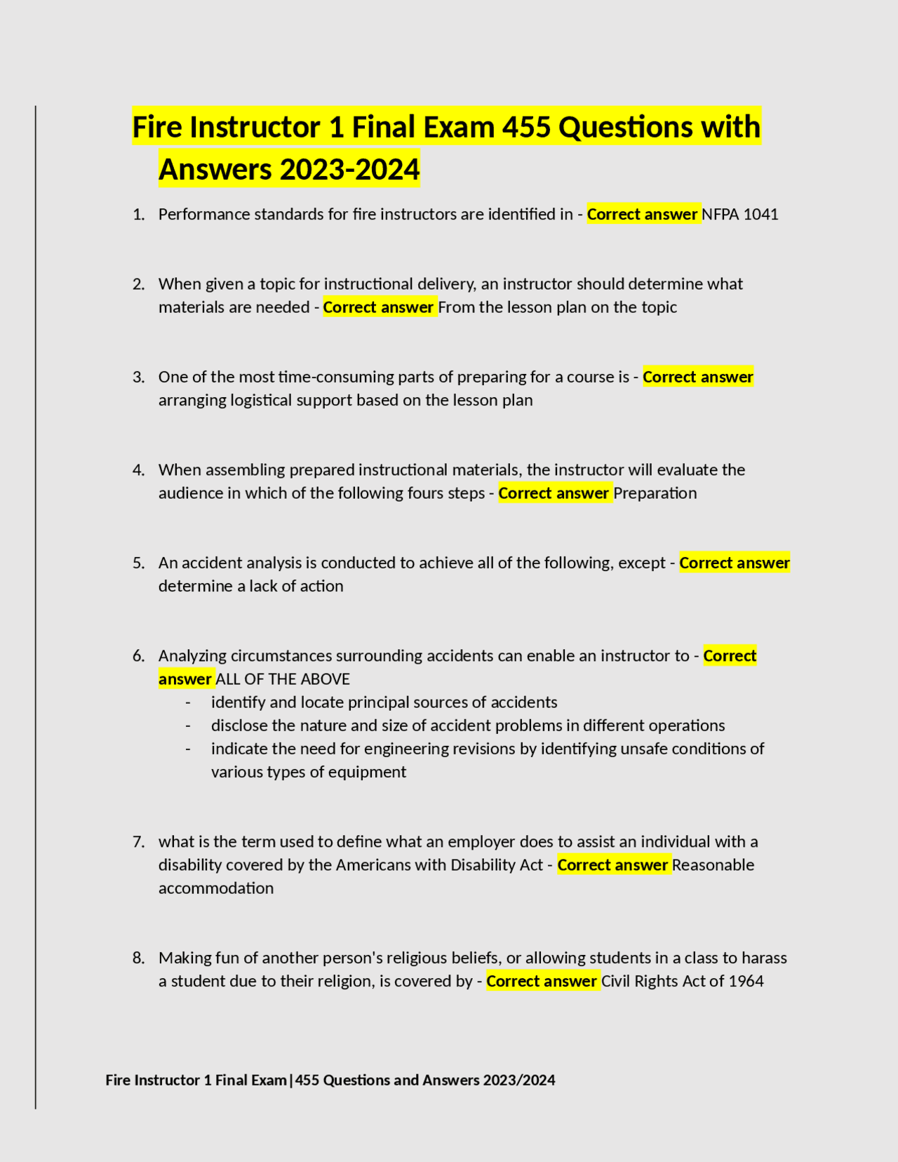 Fire Instructor 1 Final Exam 455 Questions with Answers 2023-2024 ...