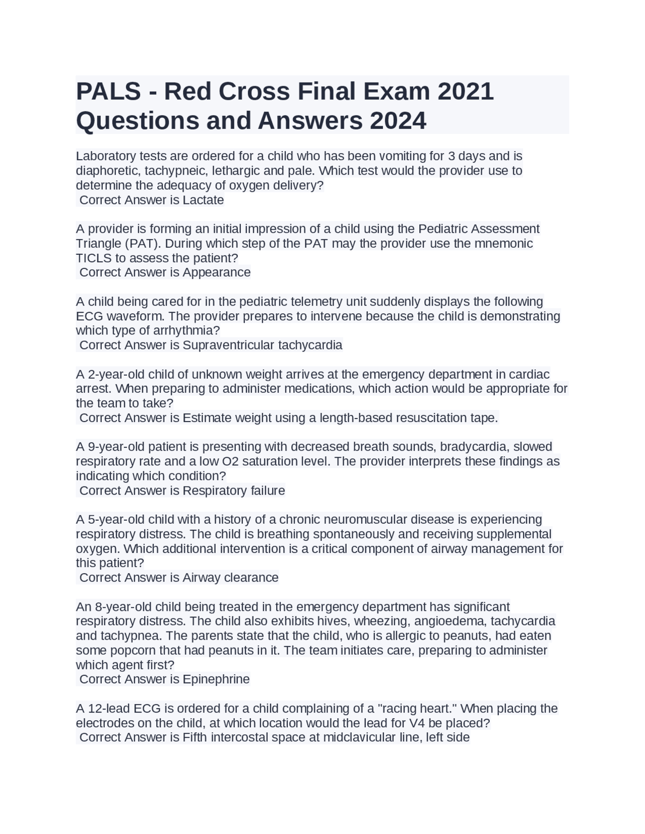 PALS Exam Questions and Answers for Pediatric Emergencies | Exams ...