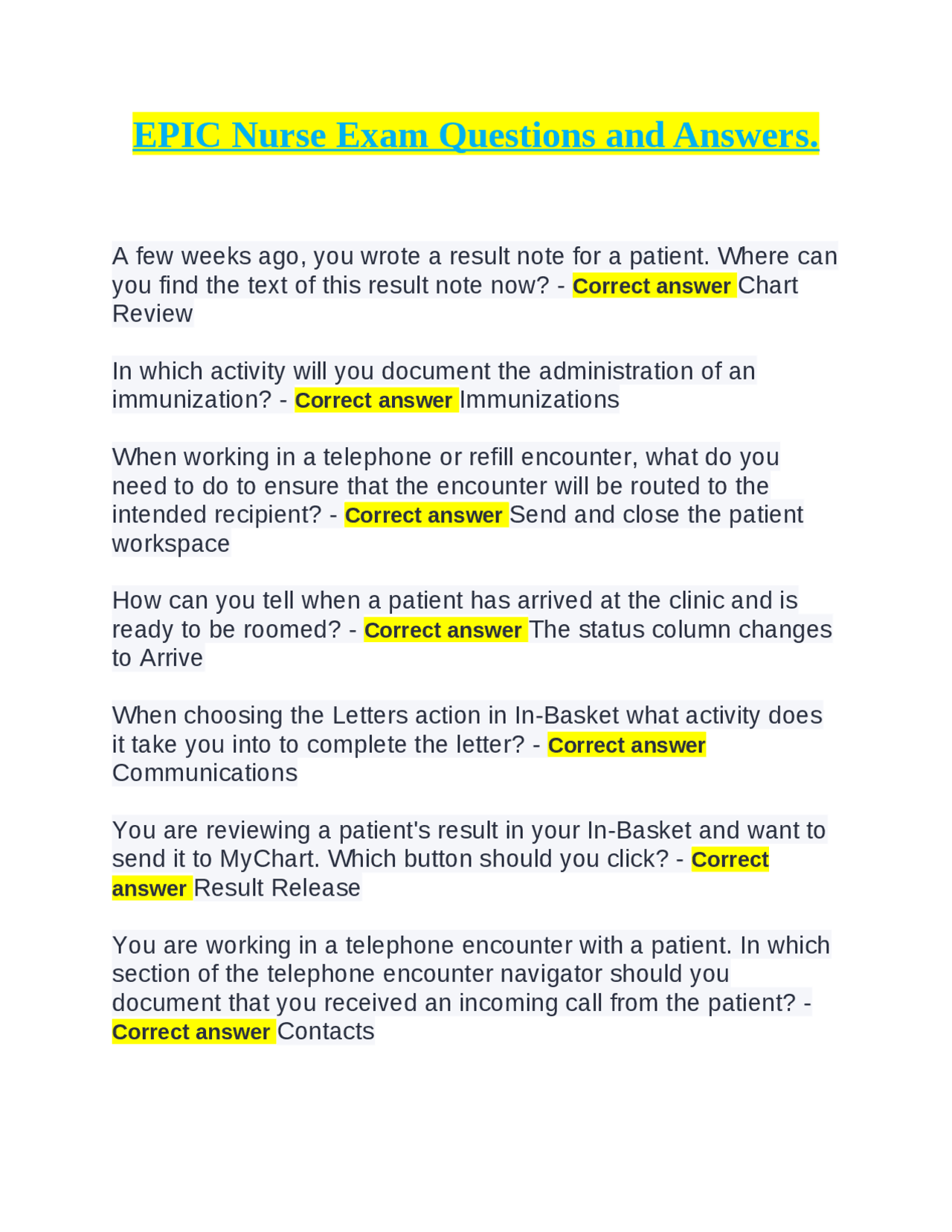 EPIC Nurse Exam: Questions and Answers for Chart Review and ...