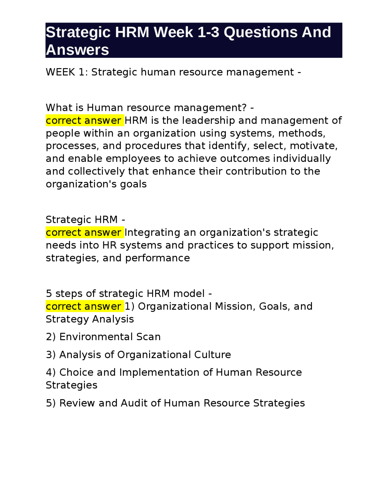 Strategic Human Resource Management: Week 1-3 Questions and Answers ...