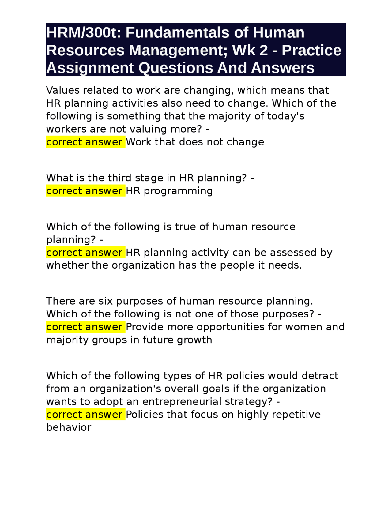 HRM/300t: Fundamentals of Human Resources Management; Wk 2 - Practice Assignment Questions ...