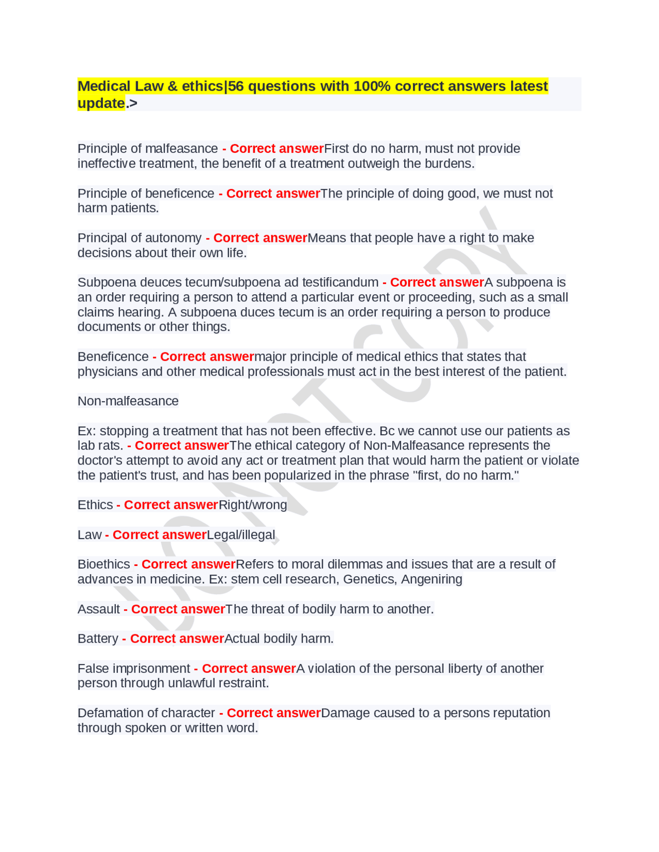 Medical Law & Ethics: 56 Qs w/ Answers - Principles, Concepts ...