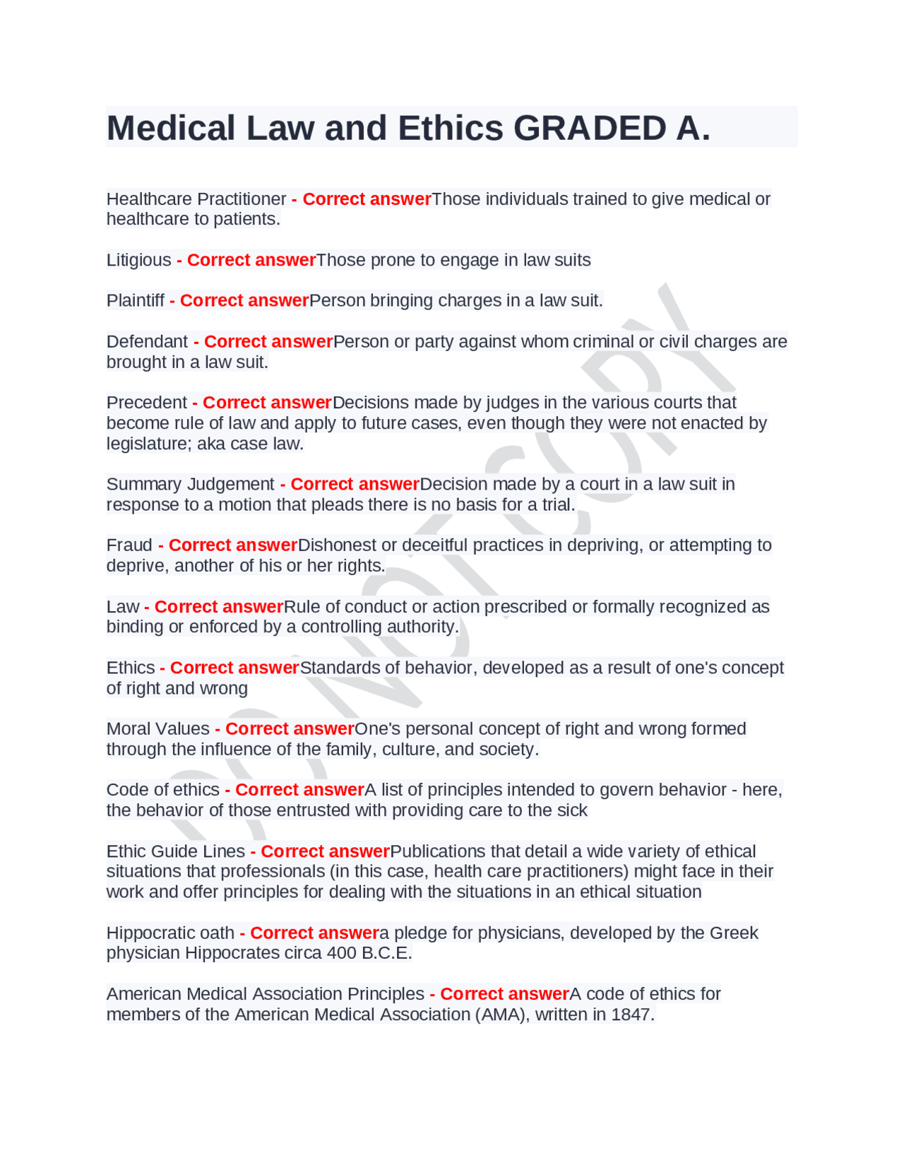 Medical Law and Ethics: Key Concepts and Definitions | Exams Law | Docsity