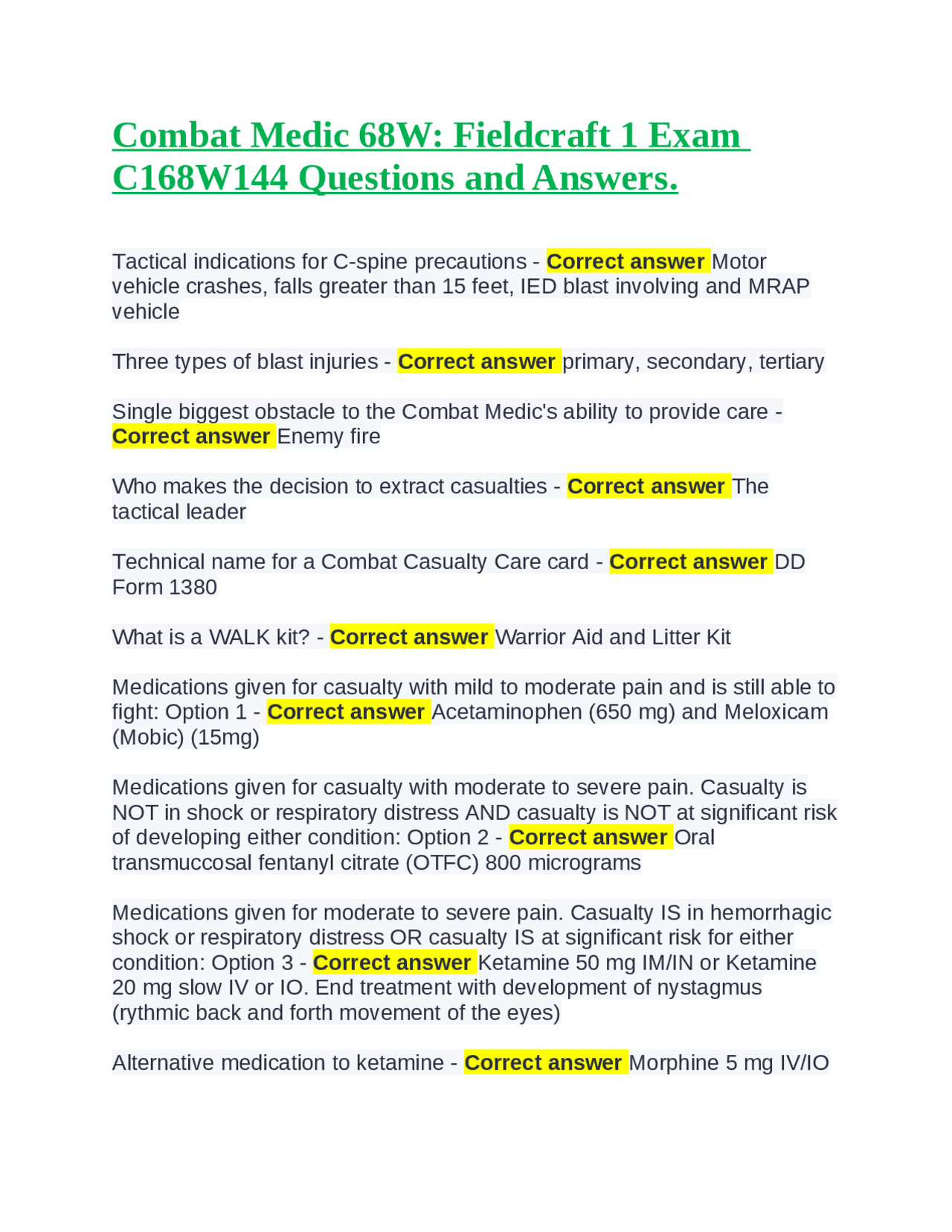 Combat Medic 68W: Fieldcraft 1 Exam C168W144 Questions and Answers ...