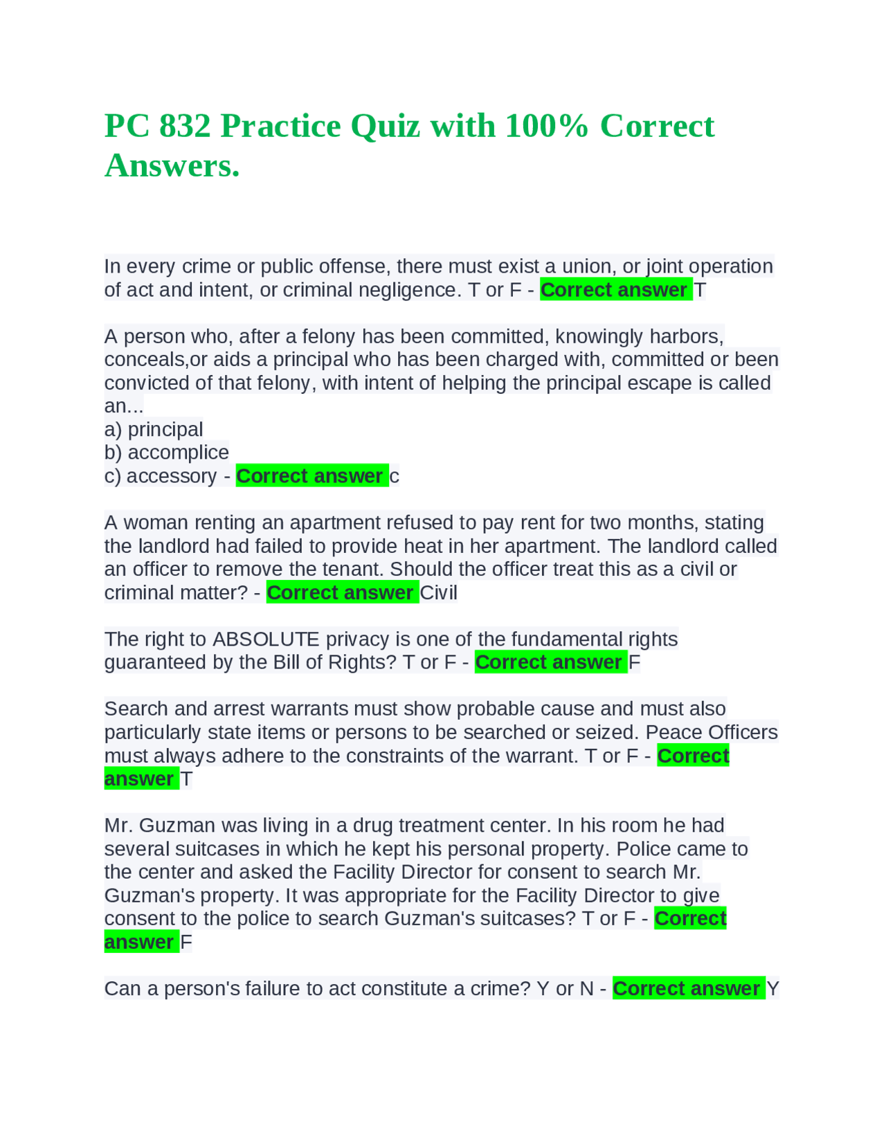 Criminal Law: Quiz Questions on Search and Seizure, Arrests, and ...