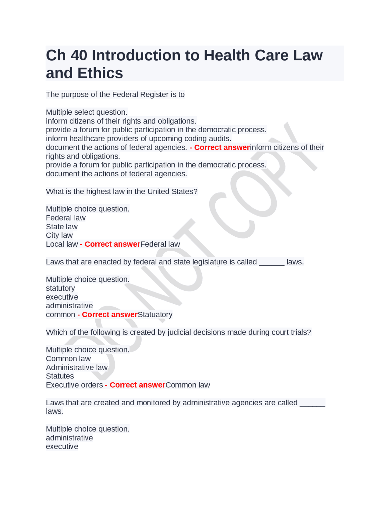 Health Care Law and Ethics: Multiple Choice Questions | Exams Media ...
