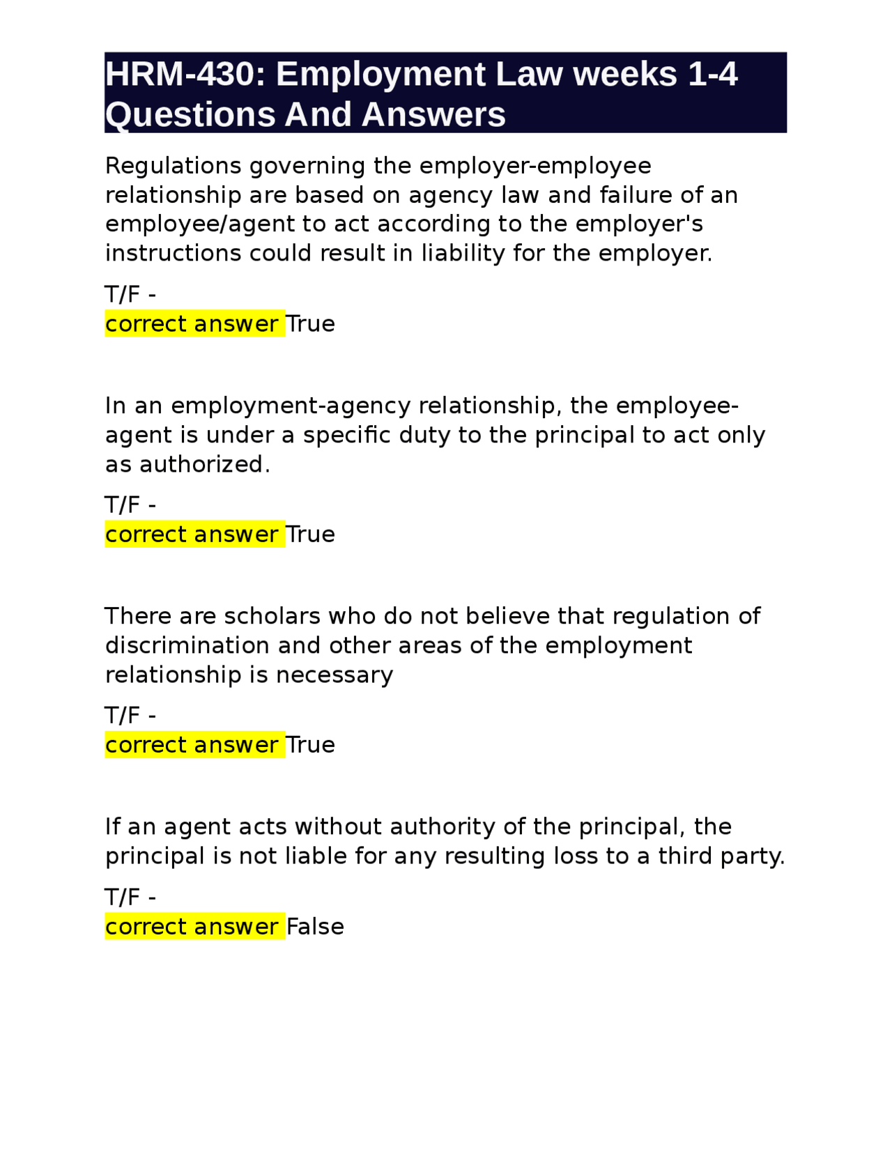 HRM-430: Employment Law weeks 1-4 Questions And Answers | Exams ...