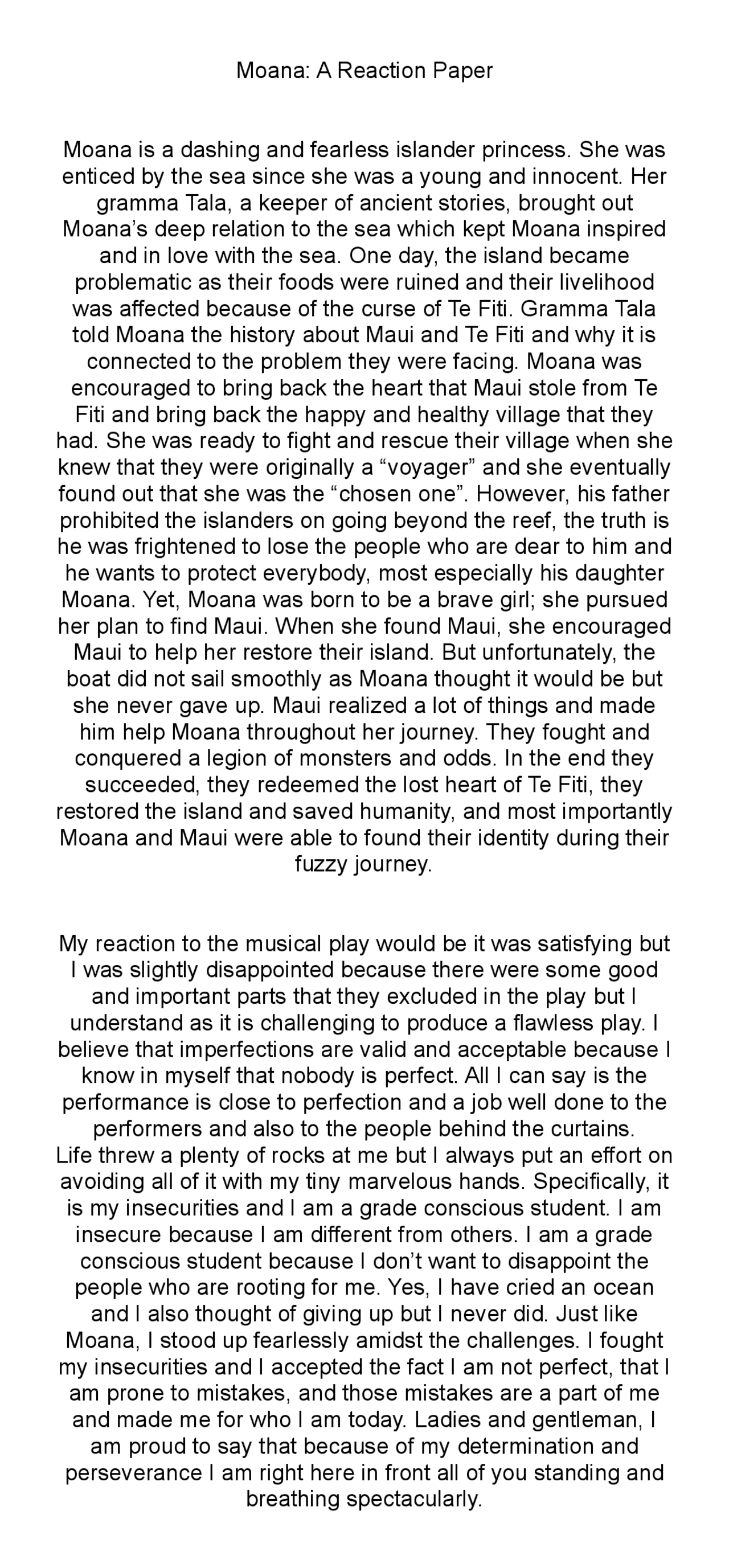 REACTION PAPER: MOANA | Assignments English | Docsity