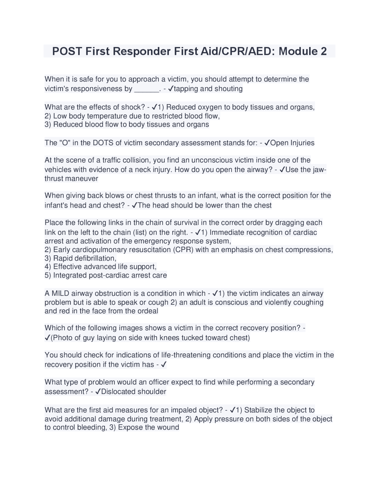 POST First Responder First Aid CPR AED Module 2 (Latest 2024/2025 ...