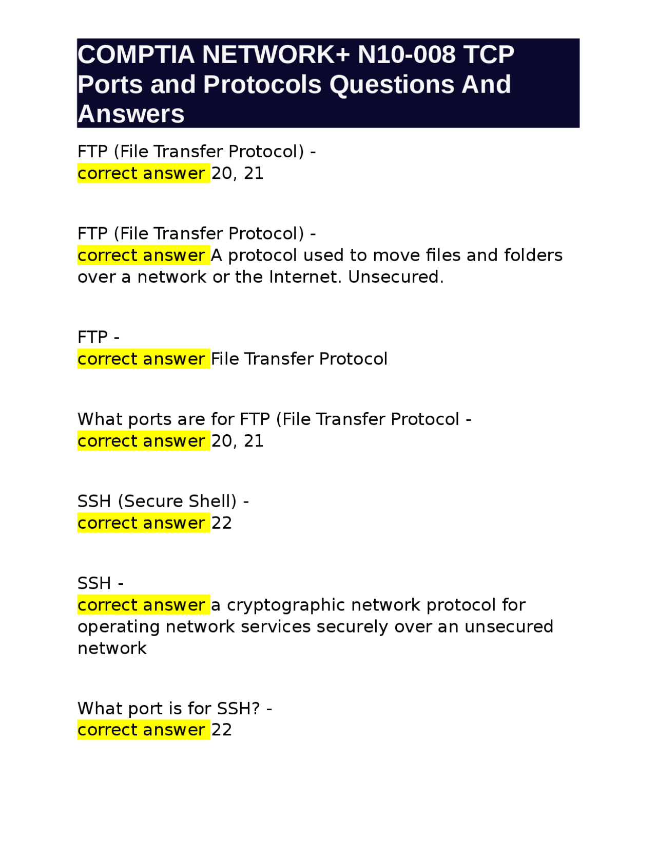 COMPTIA NETWORK+ N10-008 TCP Ports and Protocols Questions And Answers | Exams Network and ...