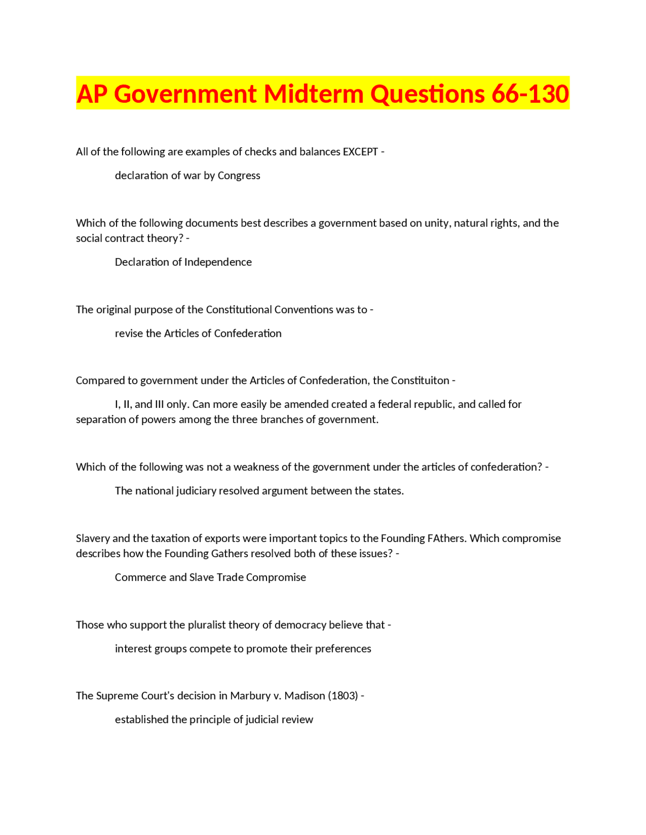 Midterm Questions for AP Government Exam | Exams Social Work | Docsity