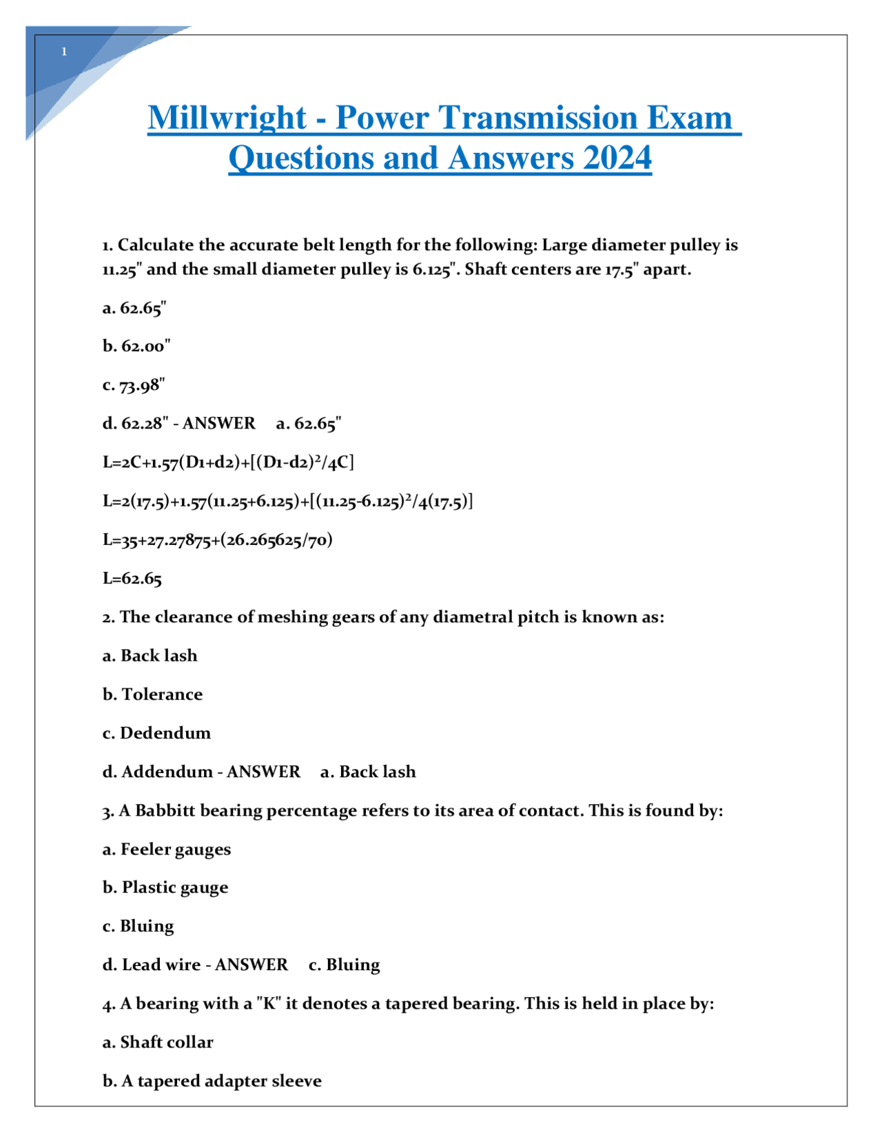 Power Transmission Exam Questions and Answers | Exams Physics | Docsity