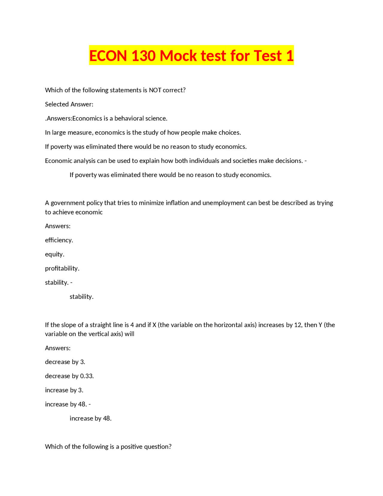 ECON 130 Mock Test Questions and Answers for Economics 101 | Exams ...