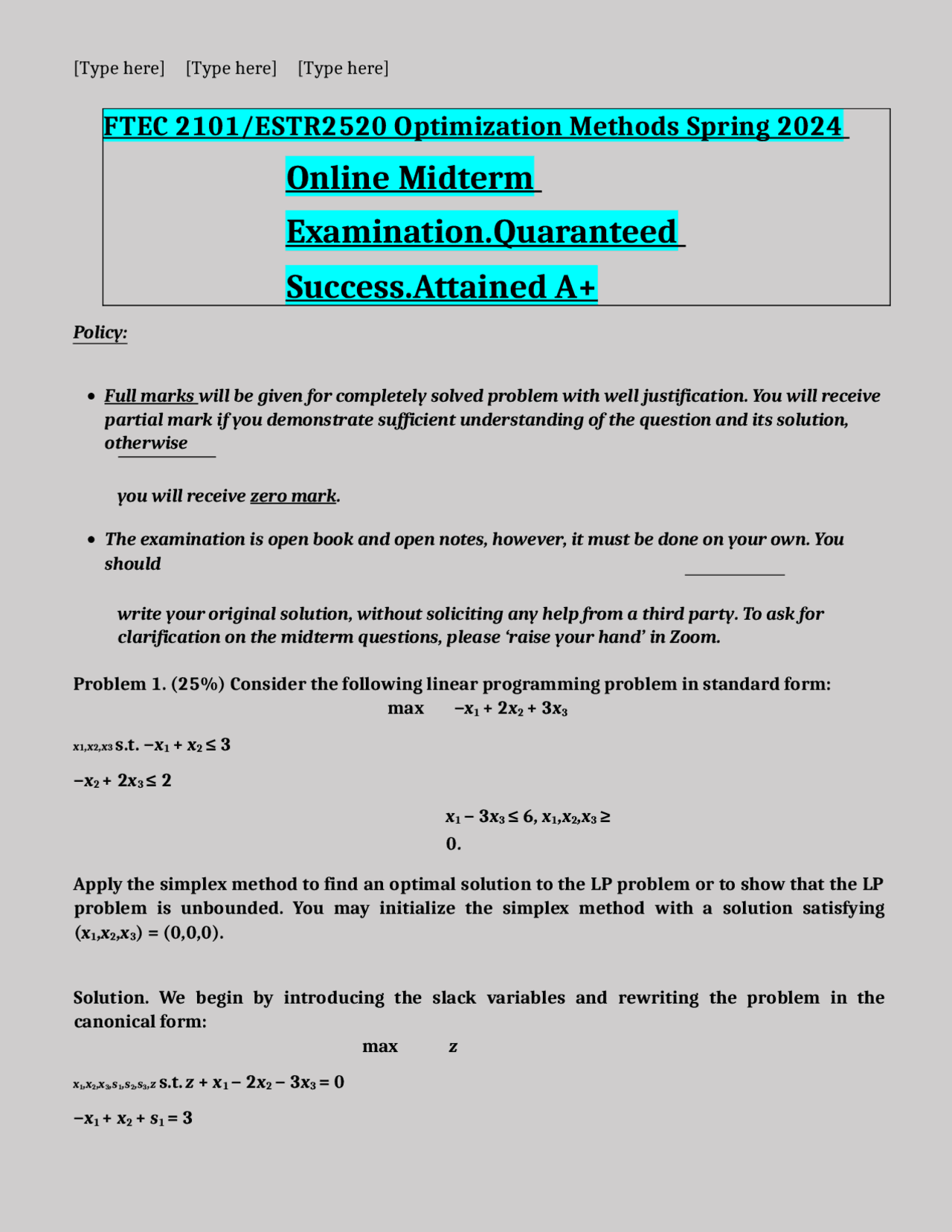 Spring 2024 FTEC 2101/ESTR2520 Optimization Methods Midterm Exam | Exams Nursing | Docsity