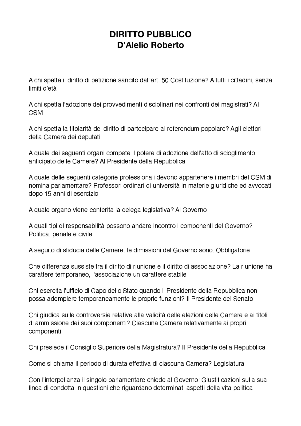 Paniere domande chiuse ed aperte in ordine alfabetico | Prove d'esame di Diritto Pubblico | Docsity